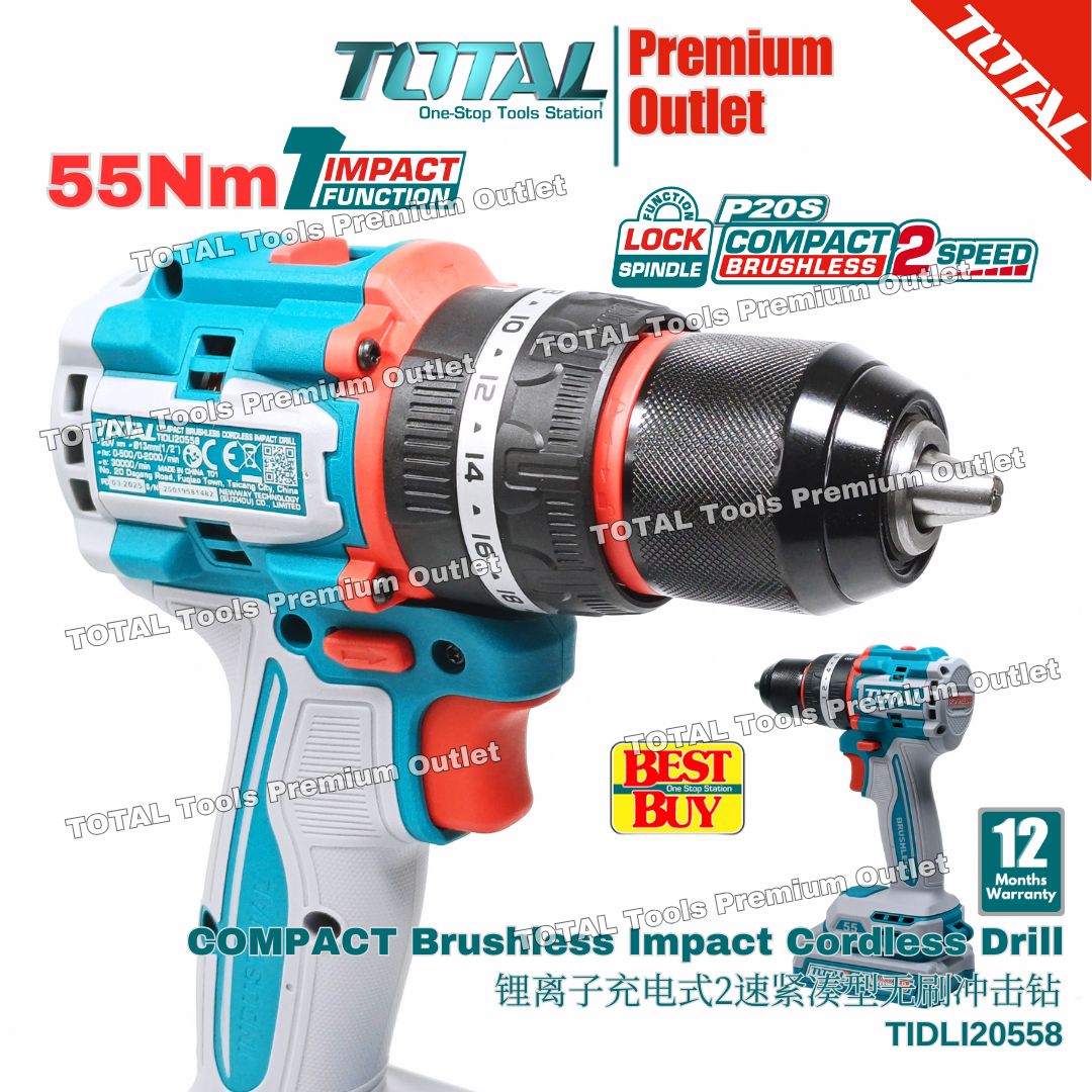 TOTAL Tools 55Nm BL motor compact cordless impact drill w/47 pcs ...