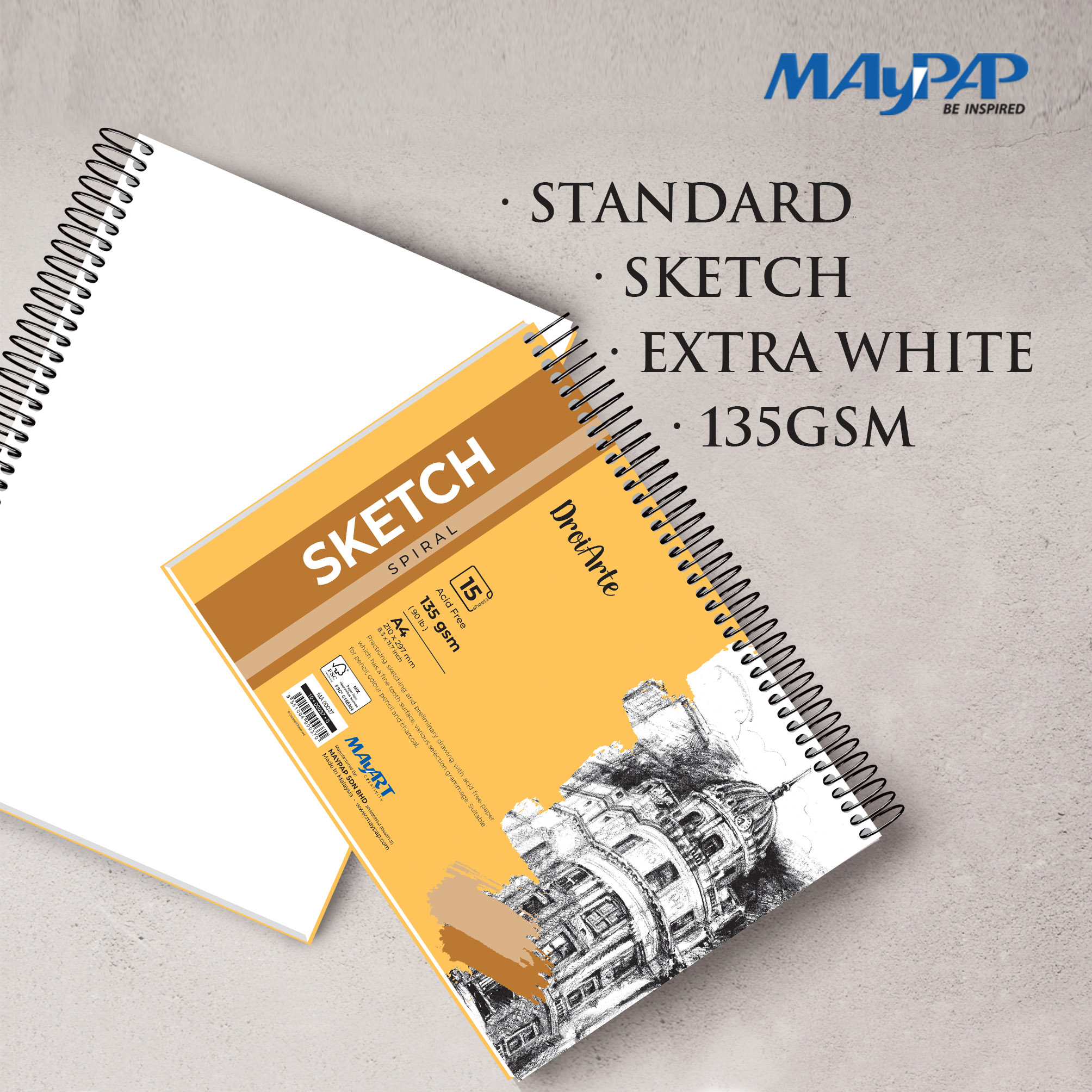 MayArt DroiArte Spiral Sketch Drawing Book 135gsm A3/A4/B4/B5 Buku ...