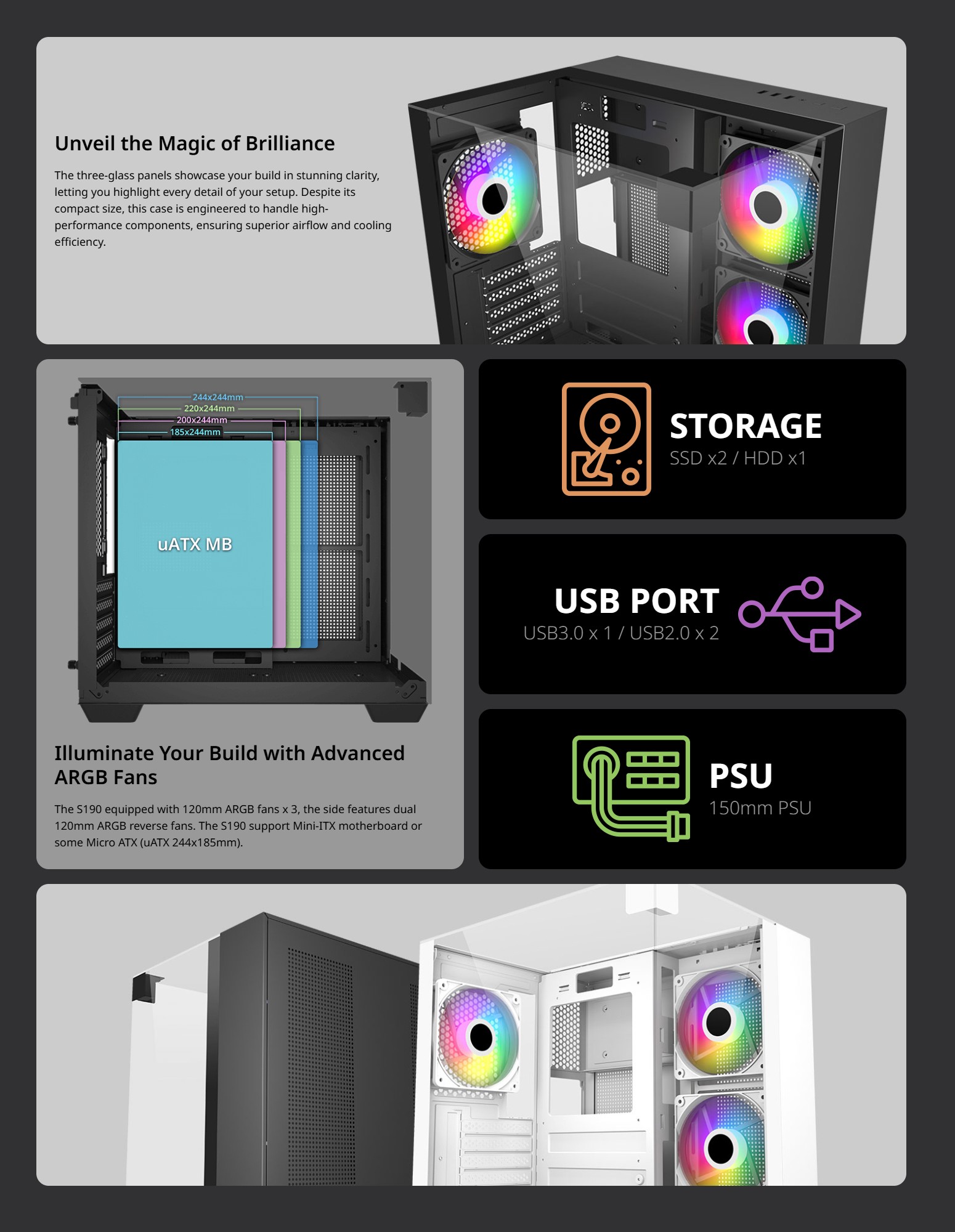 FSP S190 TRIPLE GLASS M-ATX PC CASE / CASING WITH 5 ARGB FANS - BLACK / WHITE | Shopee Malaysia