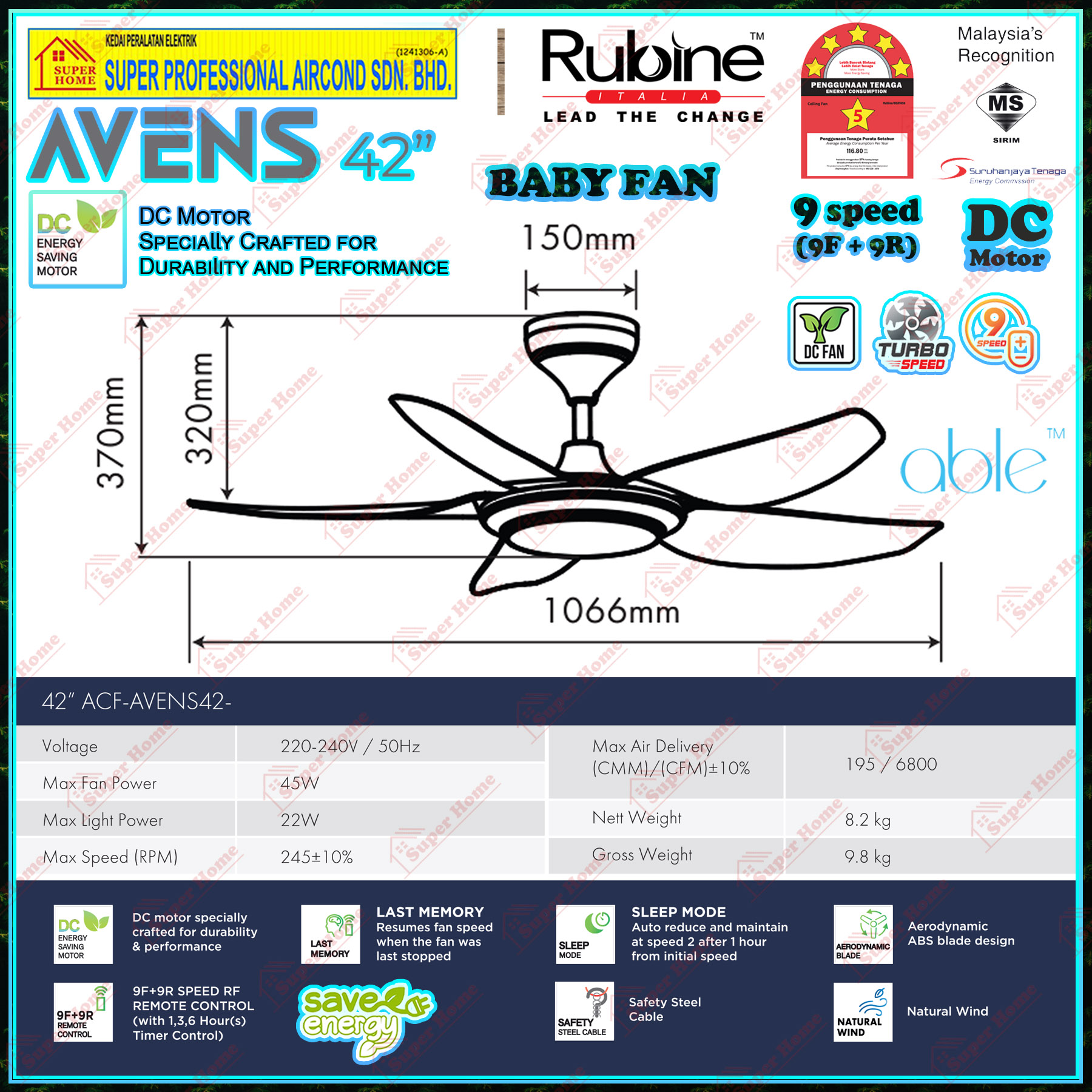 Rubine Baby Fan RCF-VETTA46-5B-GM Ceiling Fan with Remote Control / 42 inch DC Fan | Shopee Malaysia