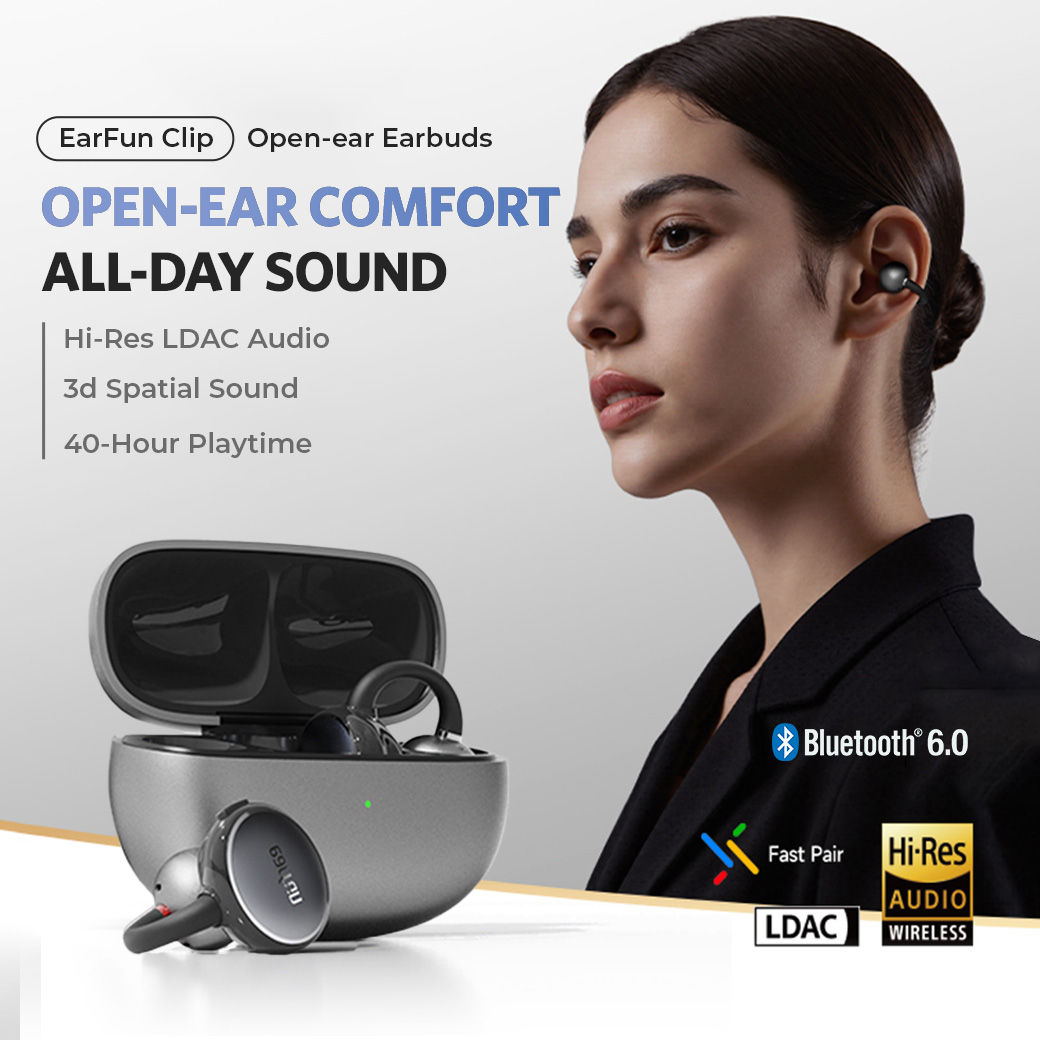 EarFun Clip Bluetooth 6.0 Open-Ear Wireless Earbuds with LDAC Hi-Res Audio & 3D Spatial Sound ...
