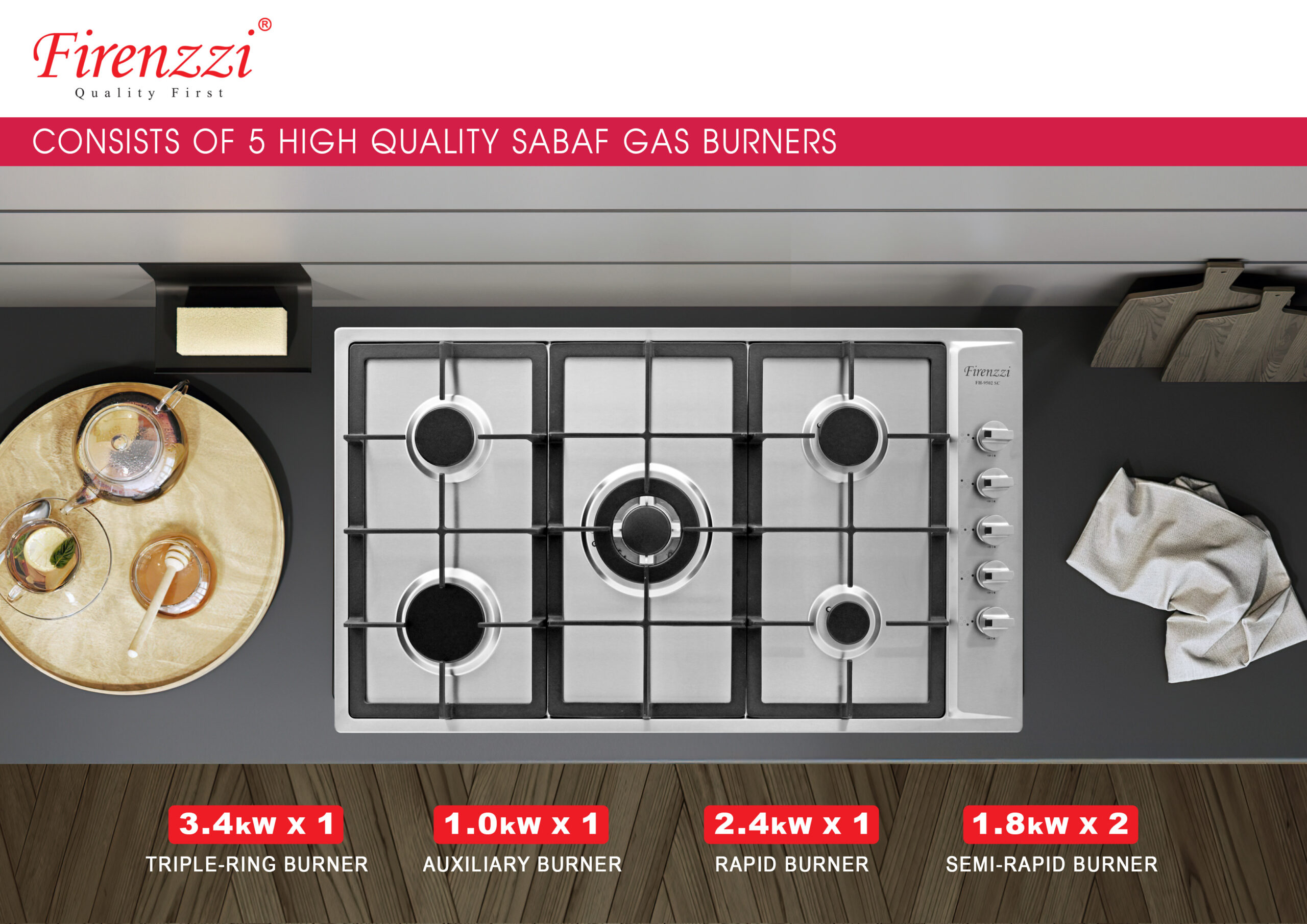 Firenzzi FH-9501 FC Italian Designer 5 Burners Stainless Steel Built-in ...