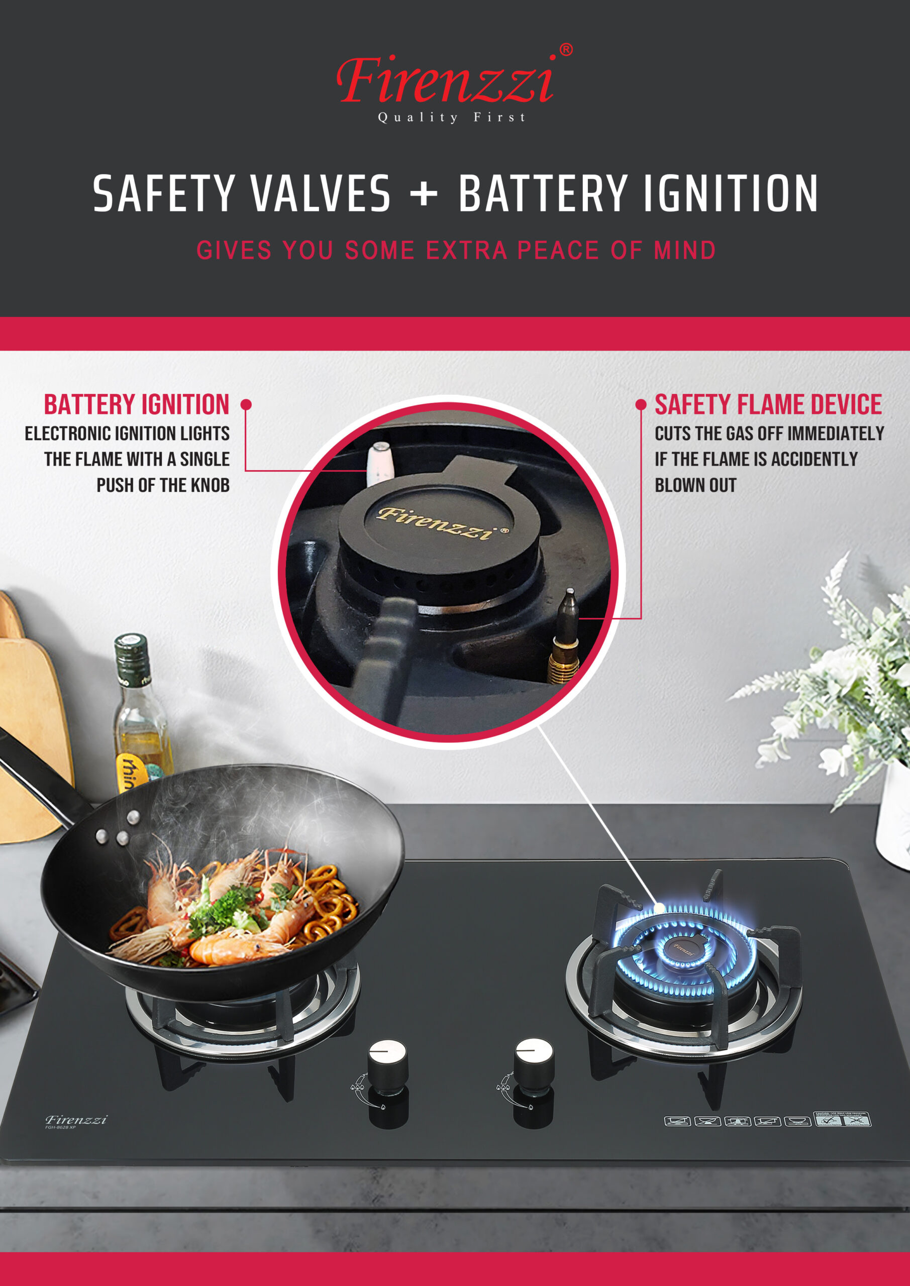 Firenzzi Glass Hob FGH-8628 XP High Flame 10.8kW Safety Valve Device ...