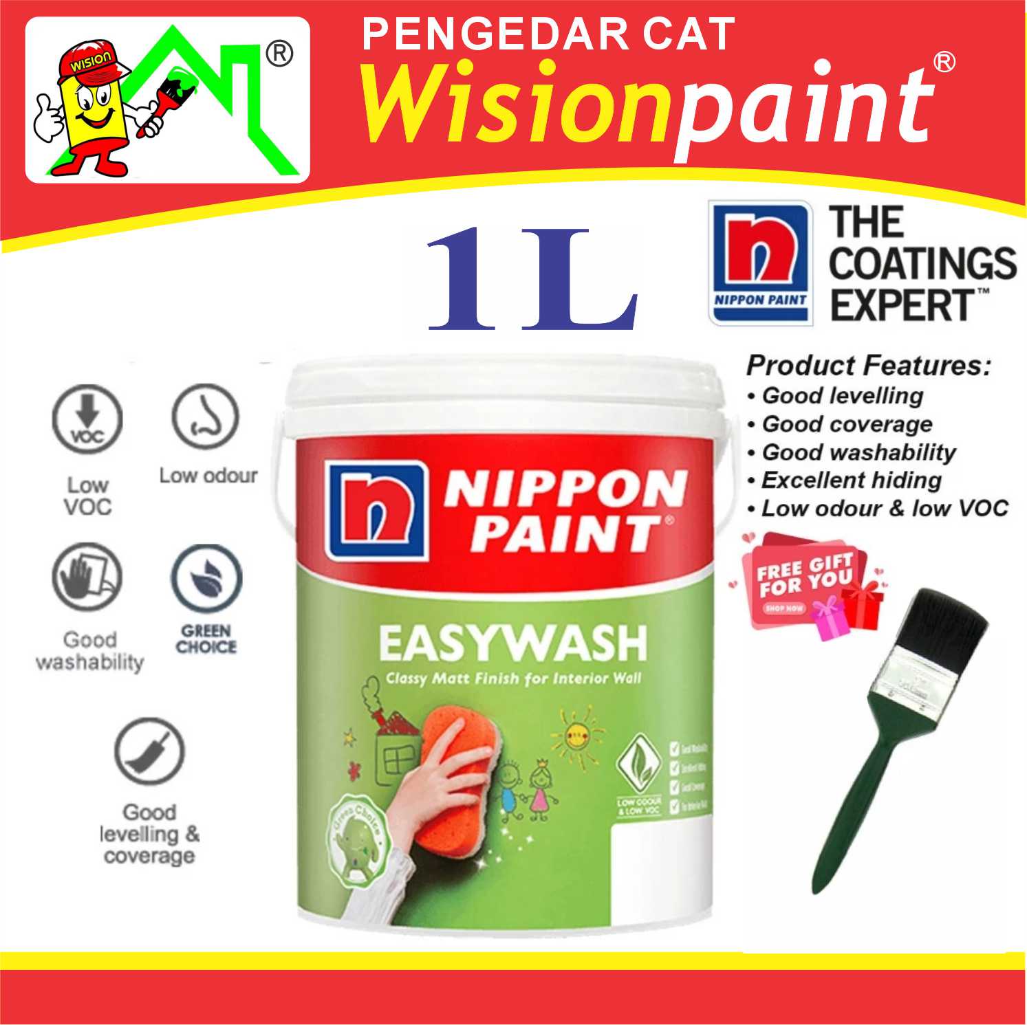 1L NIPPON PAINT EasyWash Easy Wash Wall Painting Vinilex Water Matt Interior Indoor Cat Dinding ...