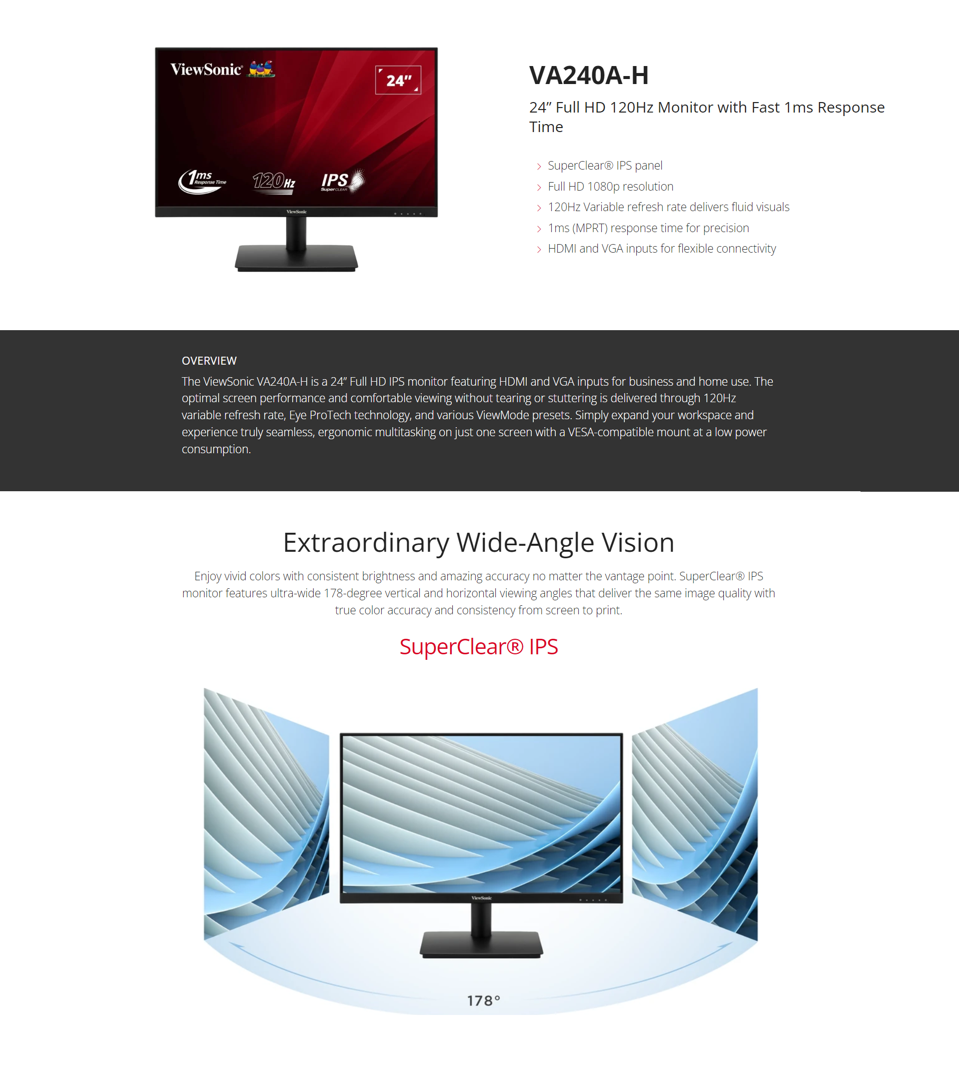 VIEWSONIC 24" VA240A-H (120Hz) / VA24G1-H (144Hz) FULL HD 1920x1080P ...