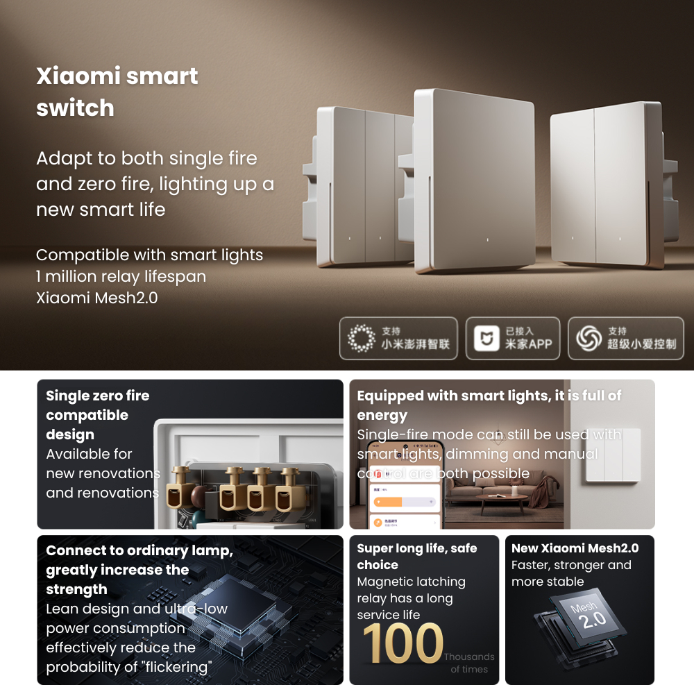 Xiaomi Smart Switch Wireless Wall Switch 1 2 3 Gang Zero Fire Neutral ...