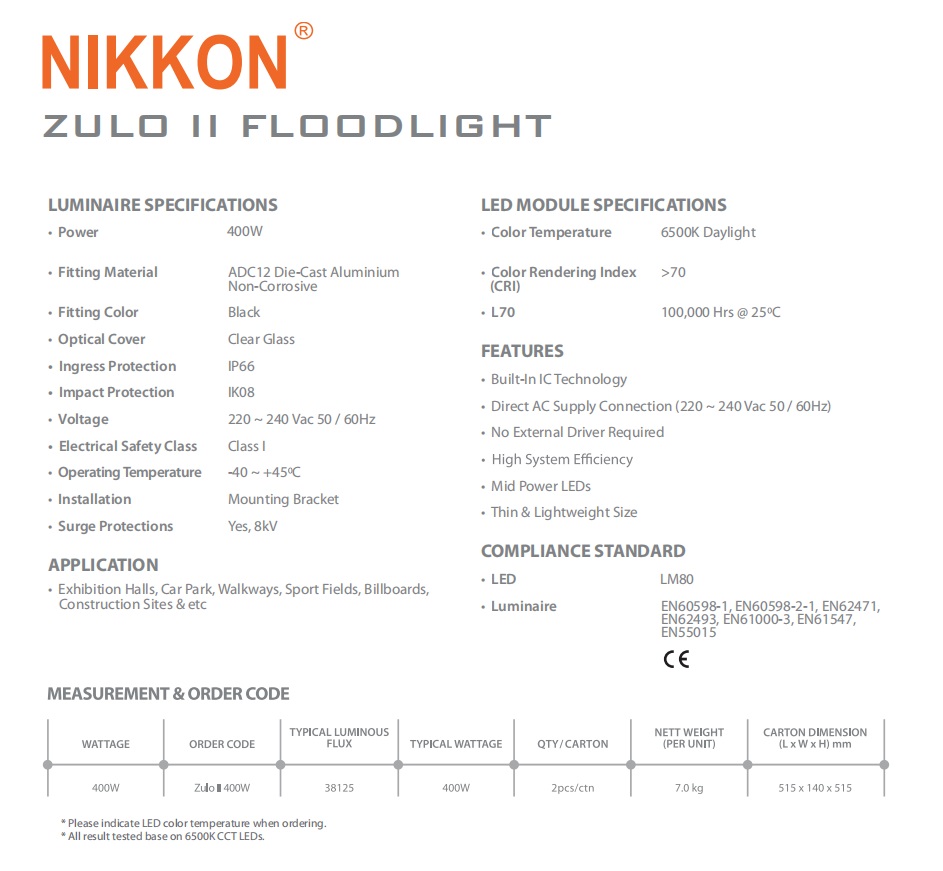 NIKKON LED FLOOD LIGHT 400W DAYLIGHT 6500K IP66 DRACO ZULO II (A ...