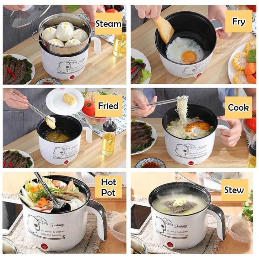 Electric Cooker 1.8L Non-Stick Mini Pot with Steamer Tray, Frying Pan ...