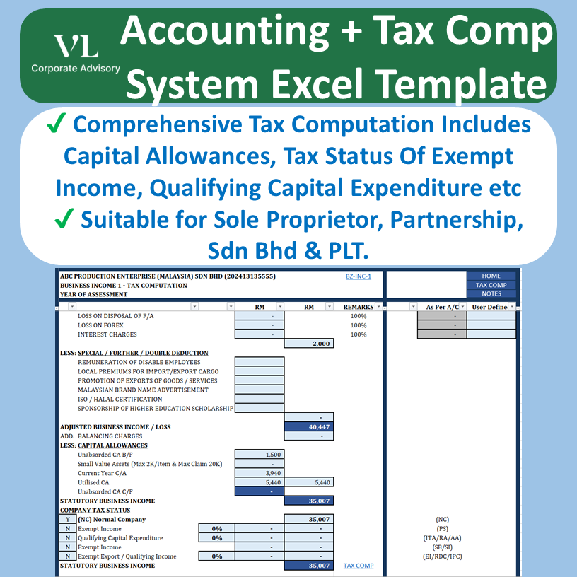 VL Accounting + Tax Computation System Excel Template Full Set Accounts ...