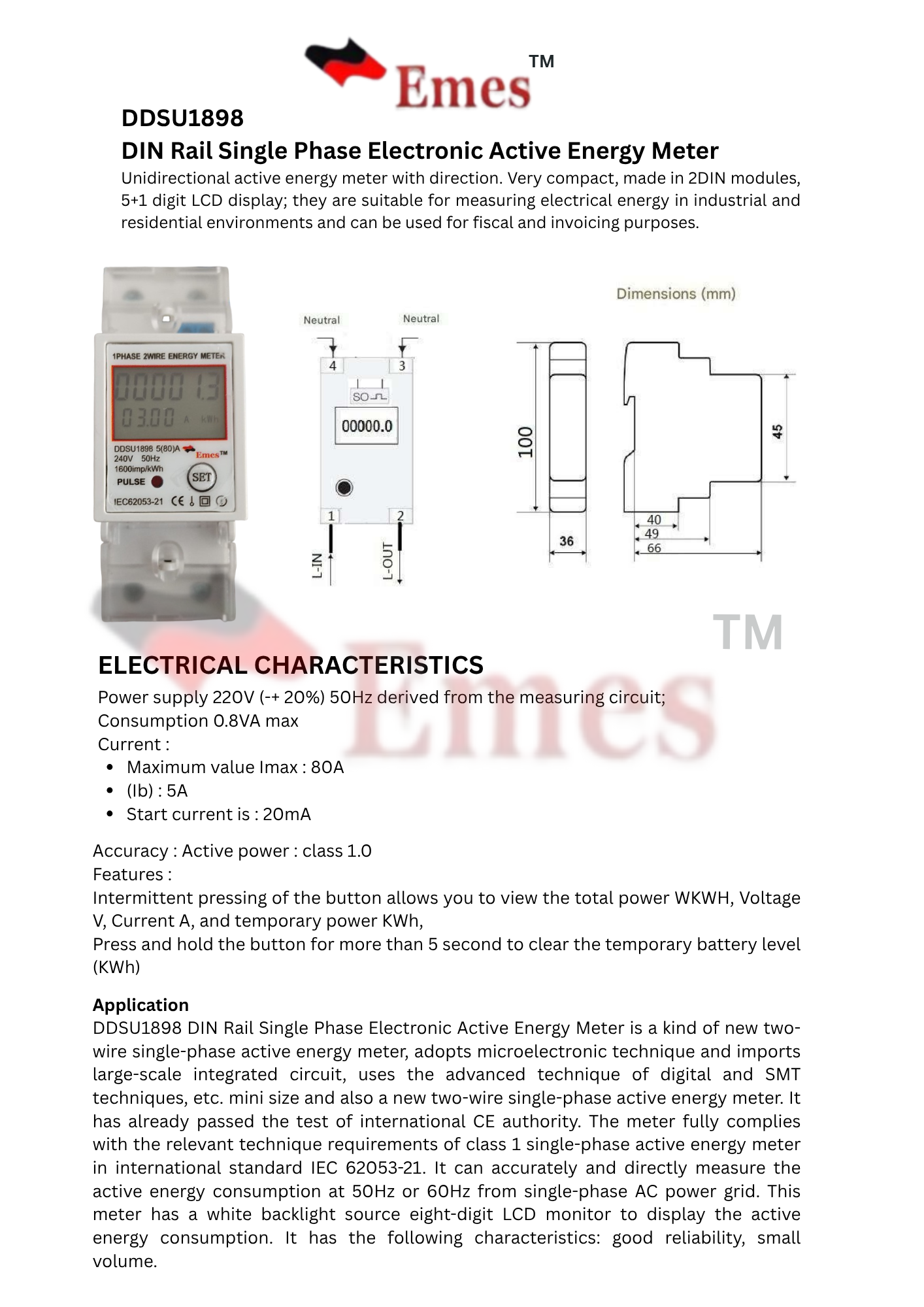EMES DDSU1898 Din Rail Single Phase Energy Meter With Button Reset ...