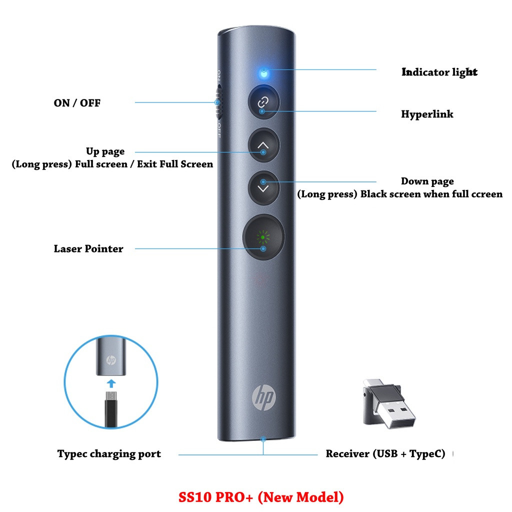 HP SS10/SS10 Pro Wireless Presenter Pen PowerPoint Clicker Remote Laser Pointer Presentation ...
