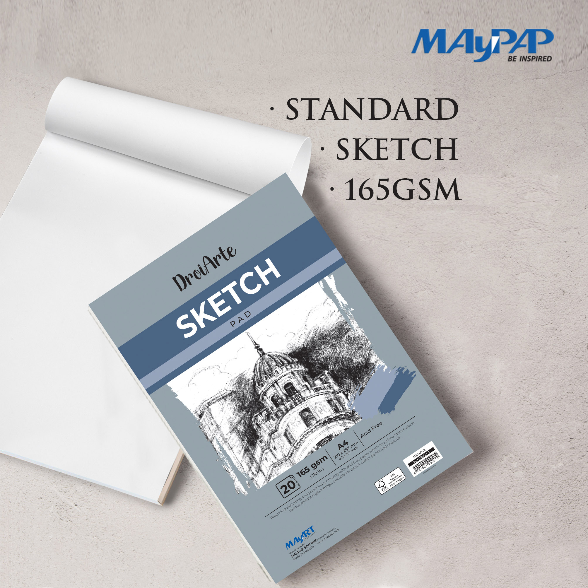 MayArt DroiArte Sketch Drawing Paper Pad 165gsm A3/A4/11x15" Pad Kertas ...
