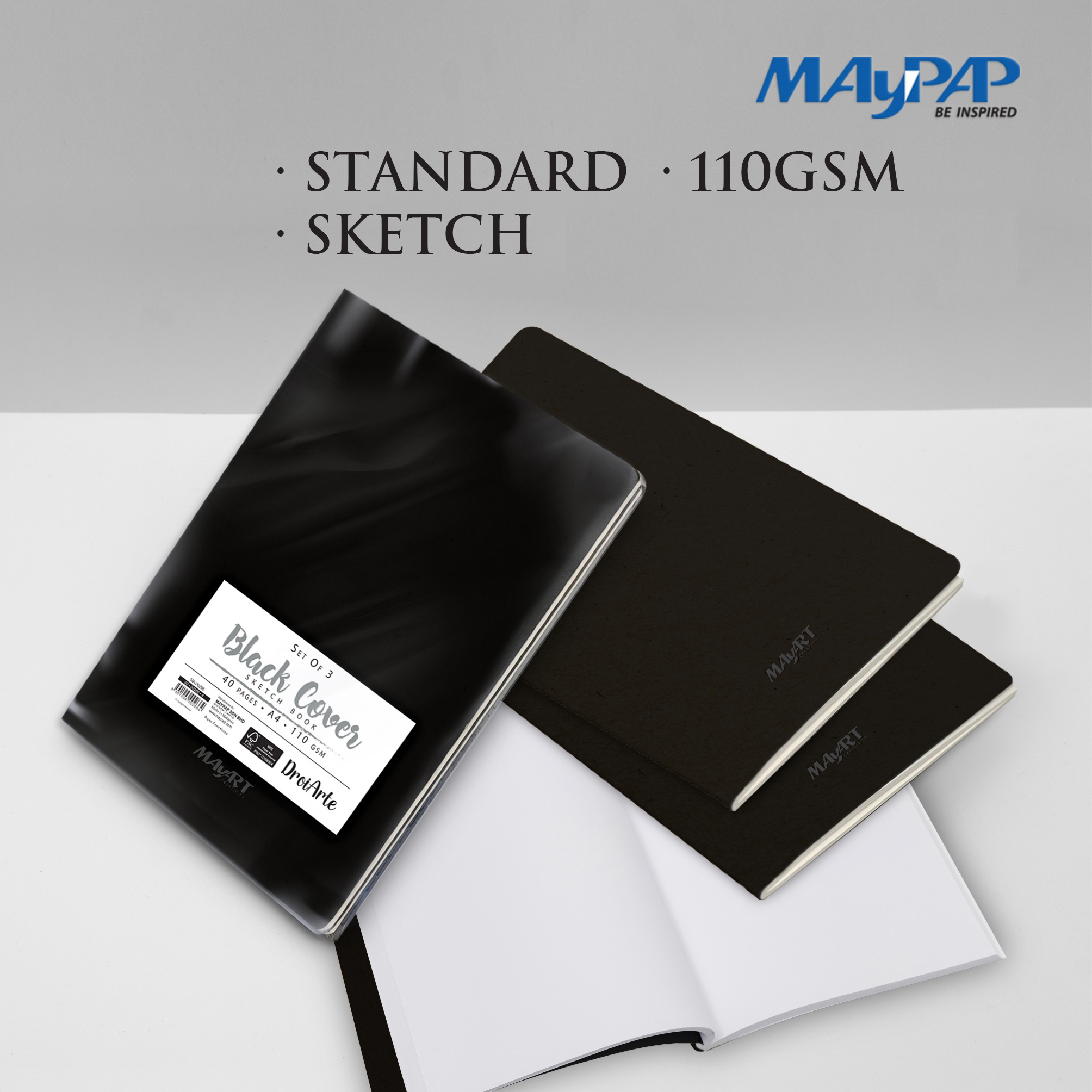 MayArt DroiArte Black Cover Sketch Drawing Book 110gsm (3 In 1 Pack) A4 ...