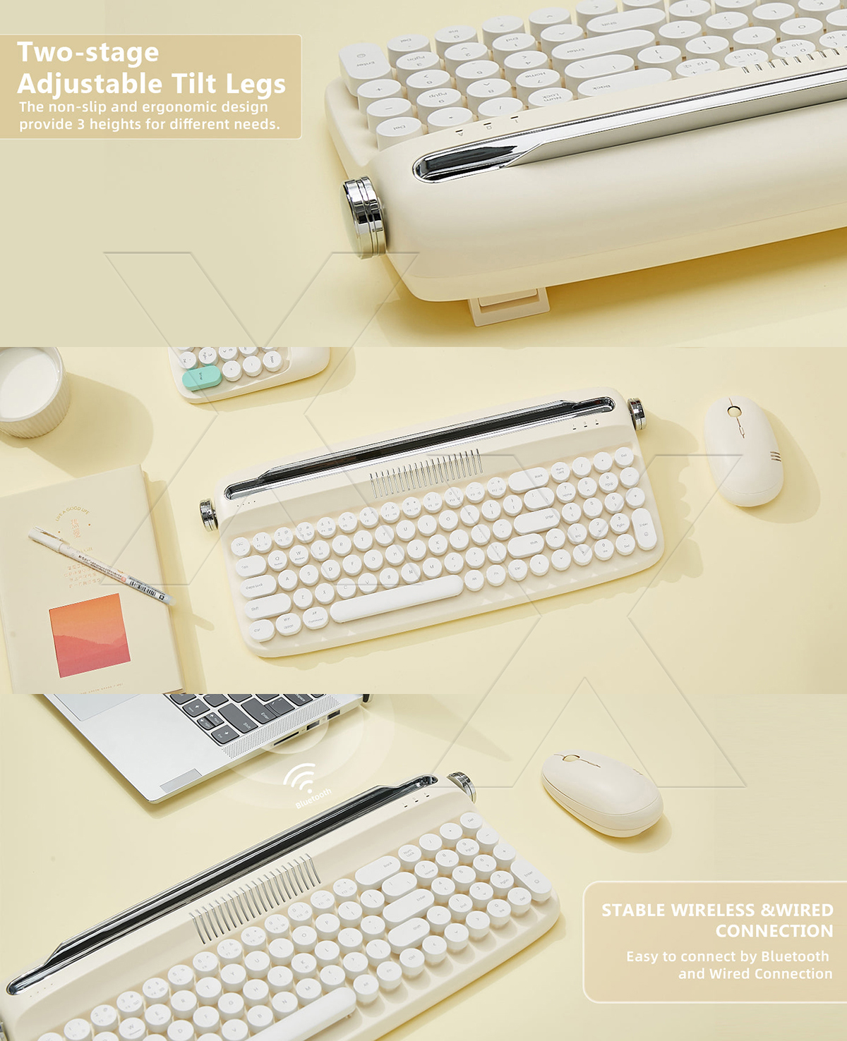 Retro Wireless Keyboard Typewriter Bluetooth 5.0 Keyboard Round Keycaps ...