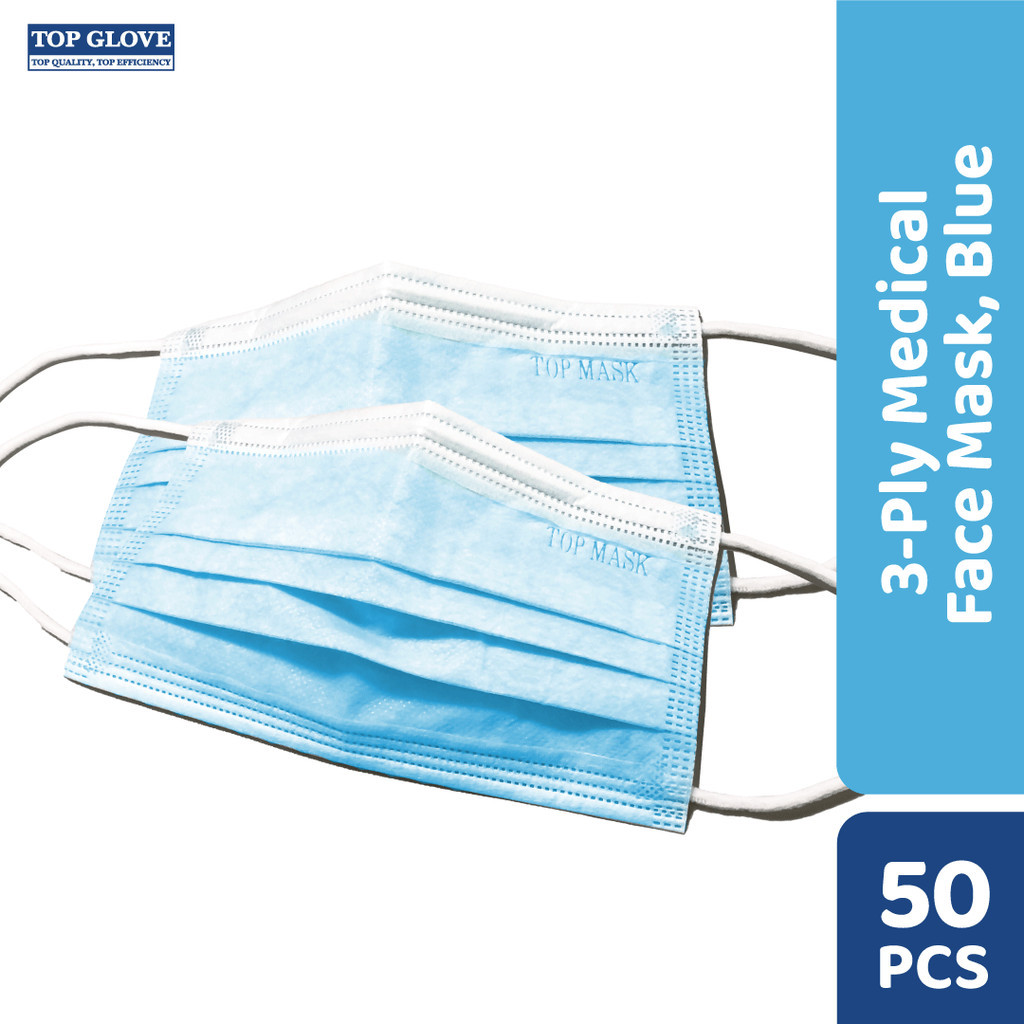 Top Glove 3-Ply Medical Face Mask Blue | Adult Earloop Mask | 50 Pcs ...