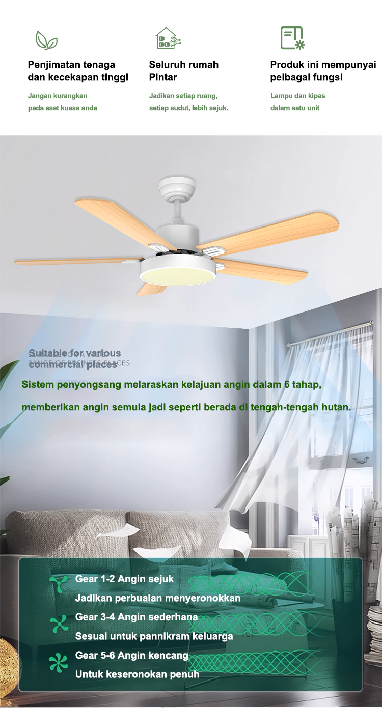 Kipas siling 52 inci, kipas motor DC senyap, lampu kipas siling dengan ...