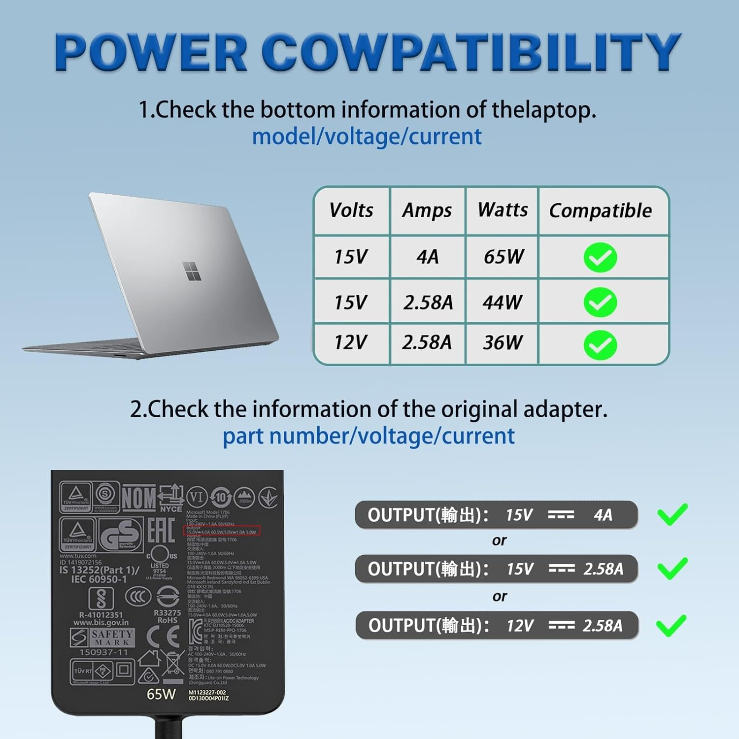 Original Microsoft 44W/65W Surface Laptop Charger for Pro/Laptop/Go 4/3 ...