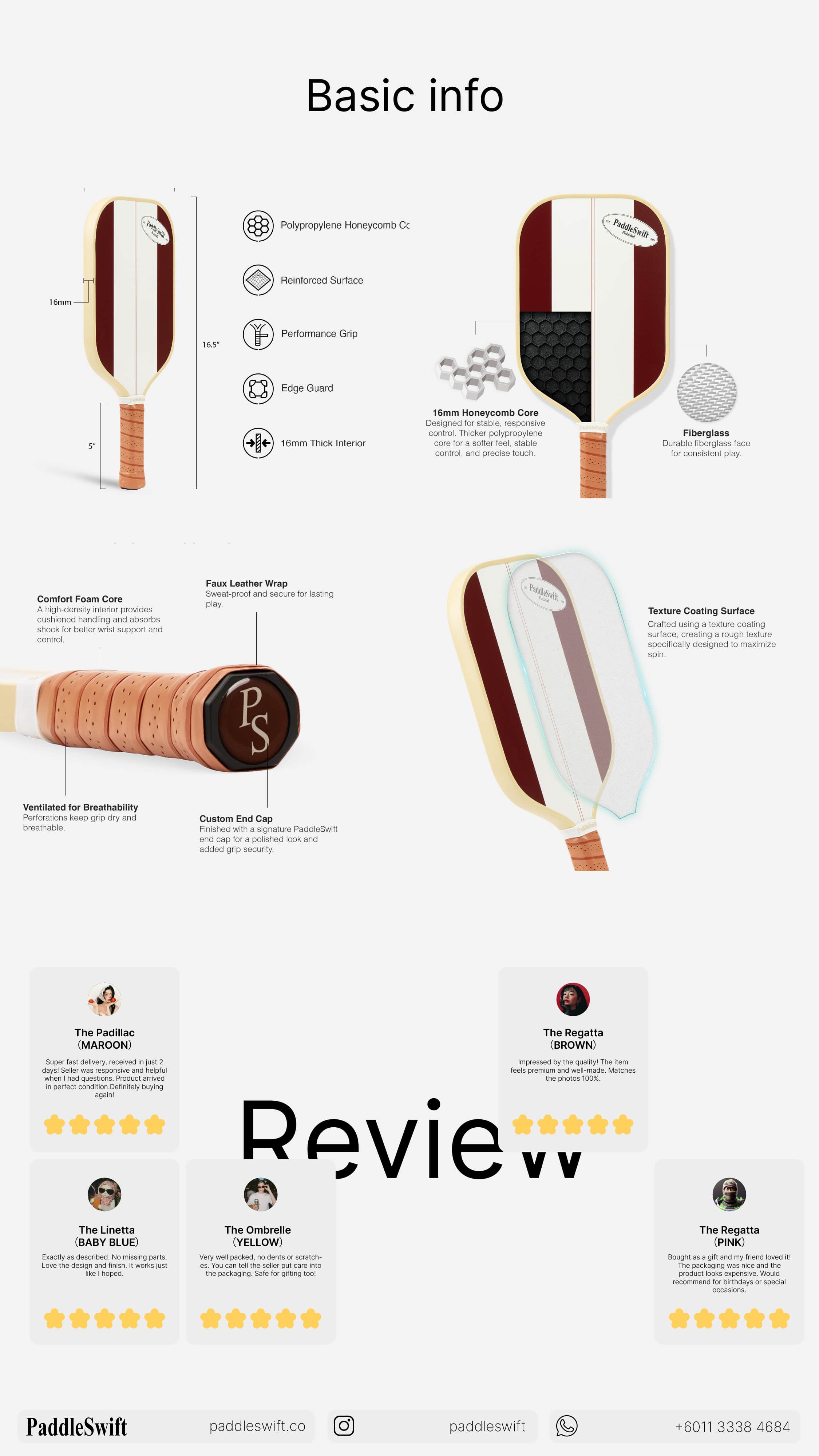 Pickleball Paddle｜ Paddle Swift｜ Fiberglass 16mm | PP Honeycomb | Power ...