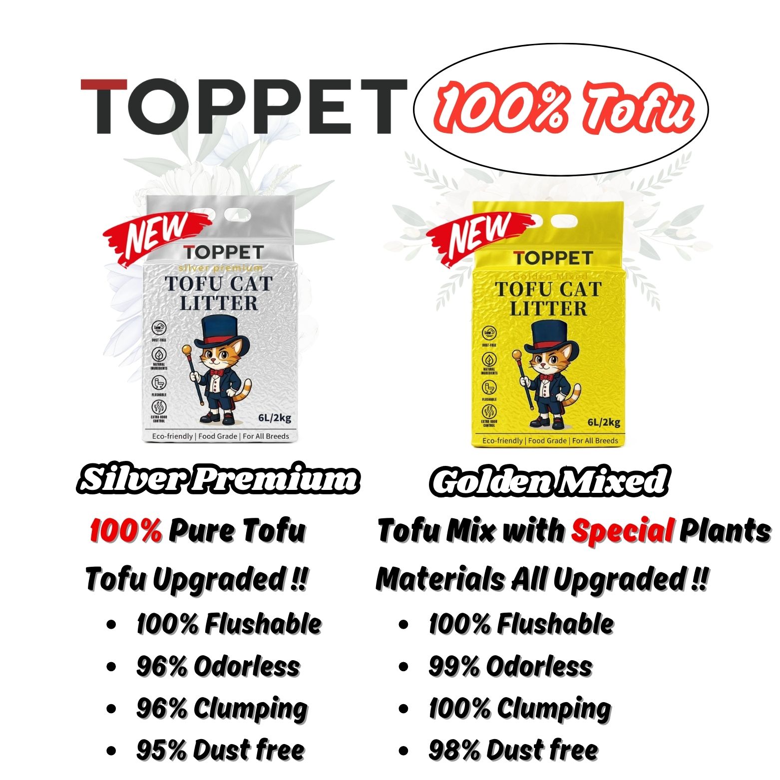 TOPPET (8pack) Golden Mixed 100% Tofu Pasir Kucing Wangi Toilet Flushable & Clumping Tofu Cat ...