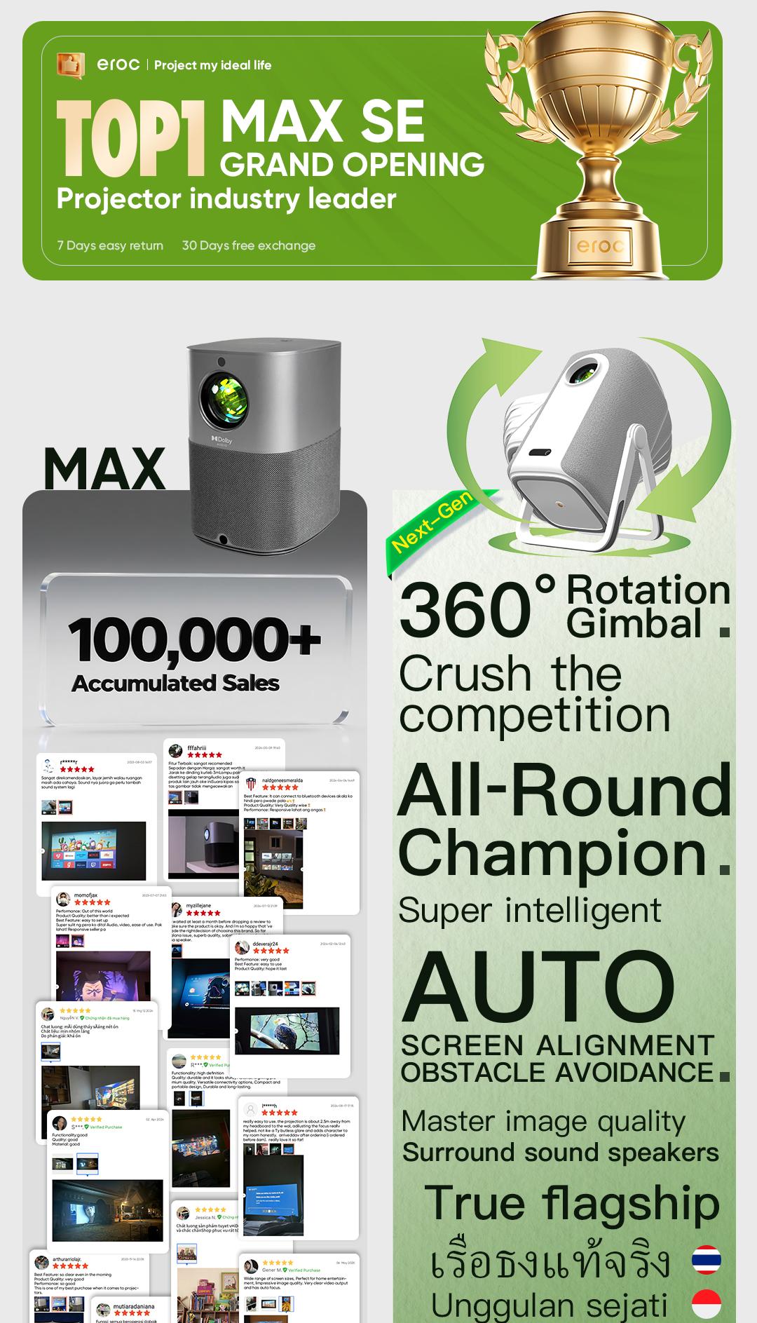 [1 Year Warranty] Eroc Max SE Home Cinema Portable Projector Auto Focus ...