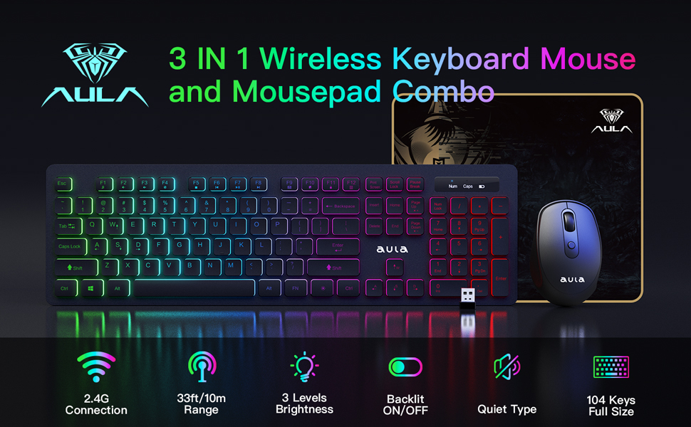 AULA AC308 Wireless Keyboard Mouse Set/ 2.4G Silent Full Size 108 Key ...