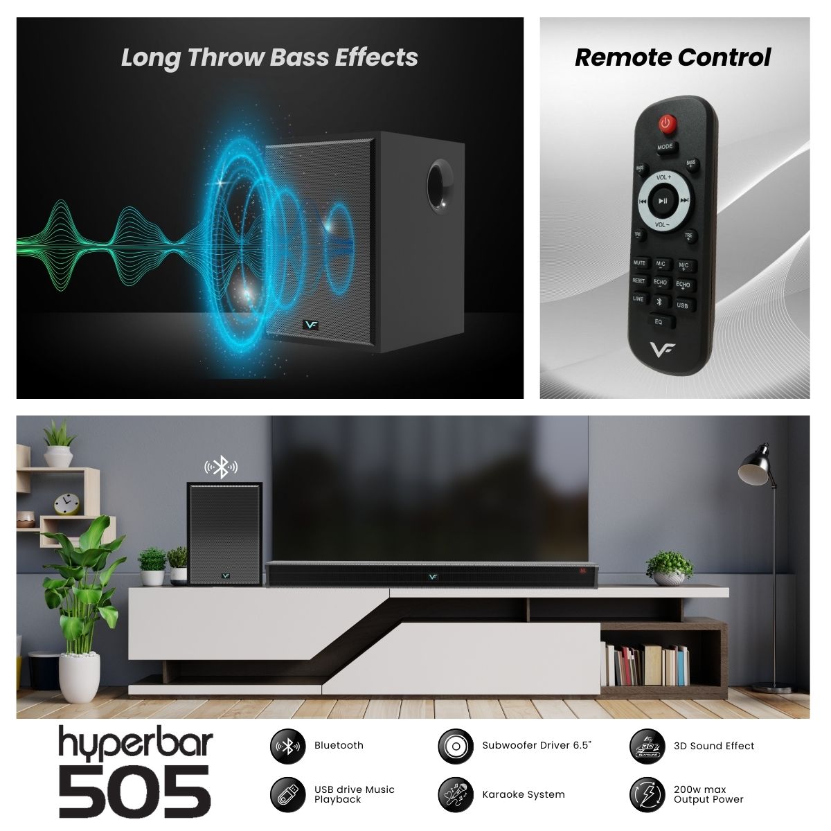Vinnfier VF Hyperbar 505 BTRW Sound Premium Karaoke Wireless Soundbar Wireless Subwoofer 2.1 ...