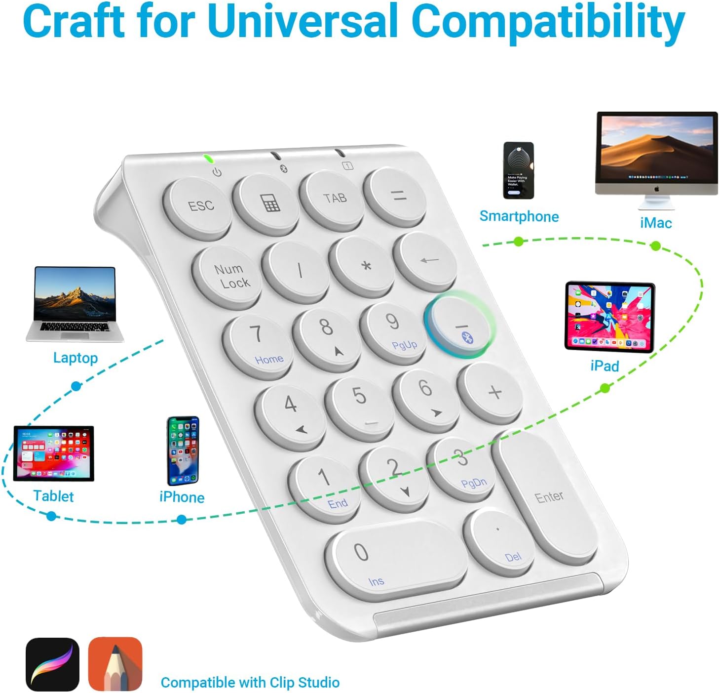 iClever IC-KP08 Number Keyboard Pad, Bluetooth Portable Wireless Rechargeable Numeric Keypad ...