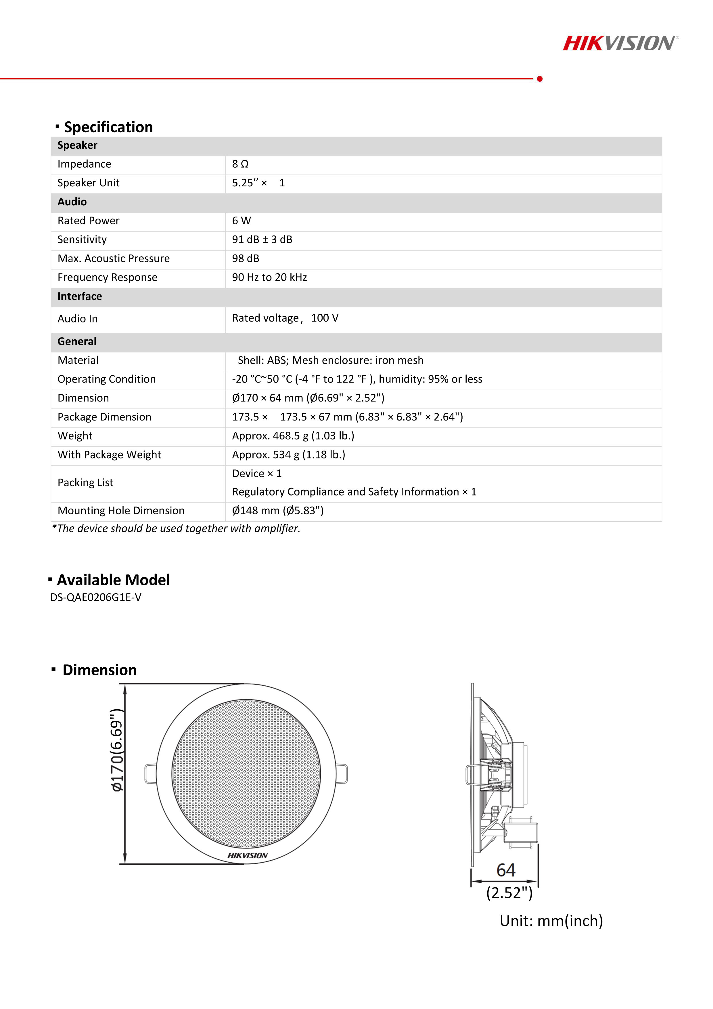 Hikvision DS-QAE0206G1-V Hikvision Analog Ceiling Speaker 6W ...
