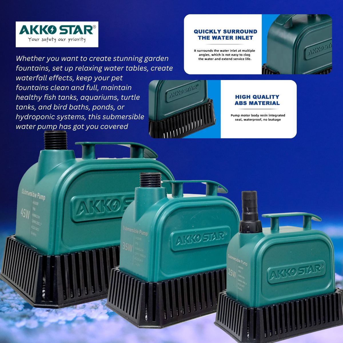 AKKO STAR Submersible Water Pump 25W / 35W / 45W Water Fountain Pump ...