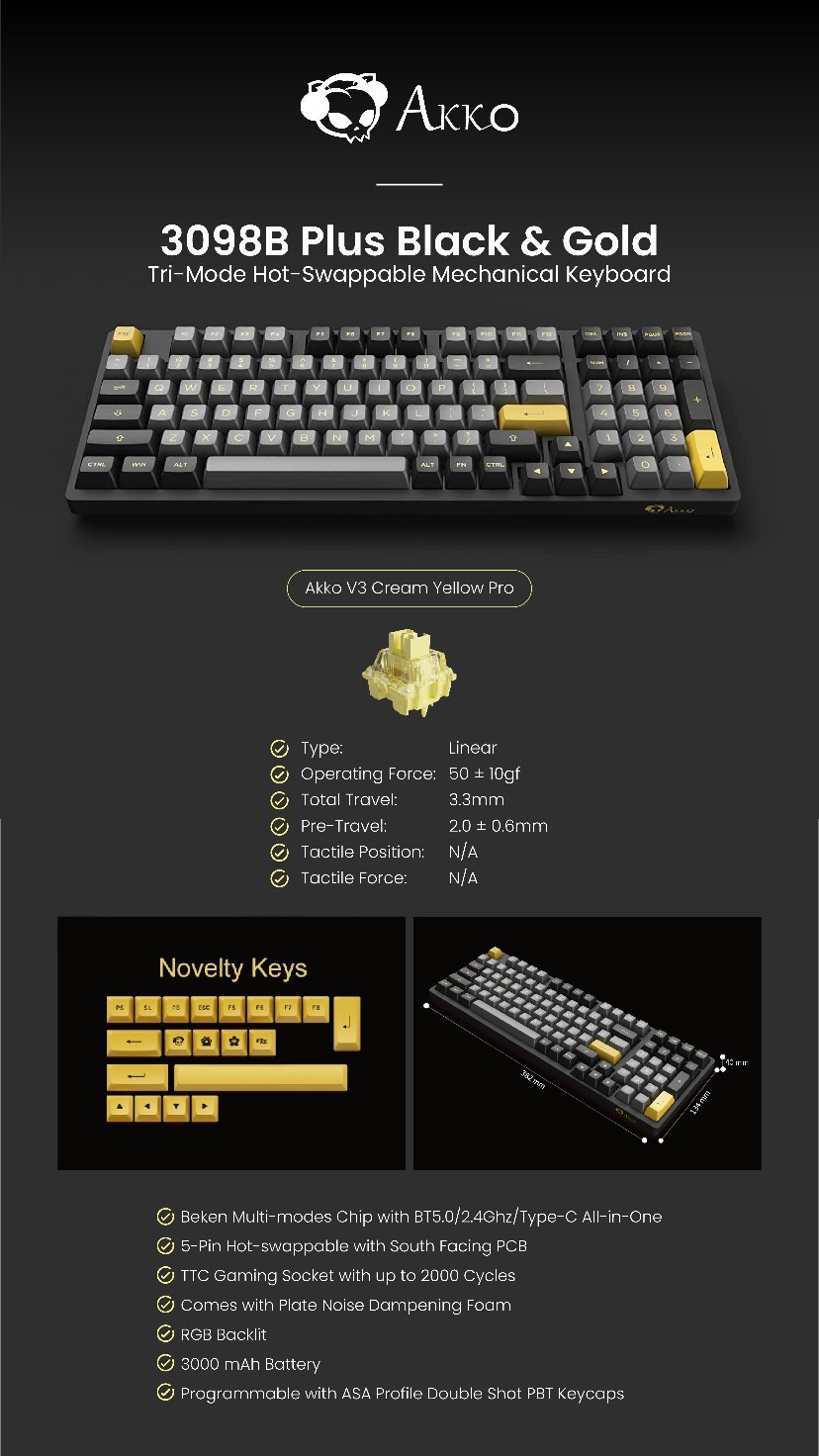 Akko Black & Gold 3098B Plus Mechanical Keyboard - Akko V3 Cream Yellow ...
