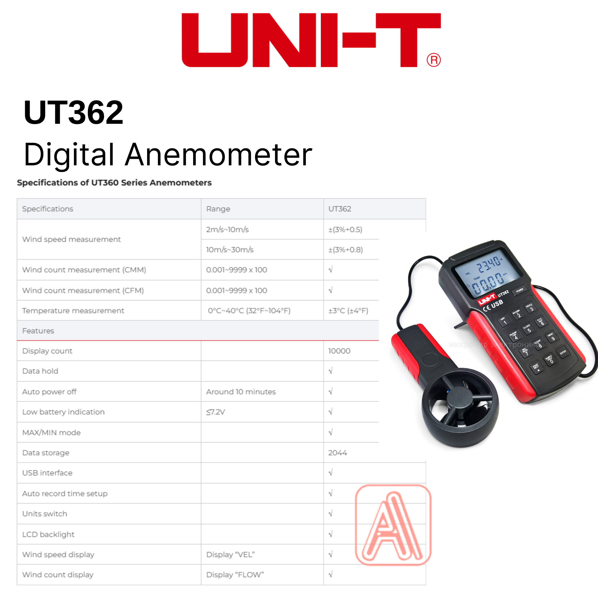 UNI-T UT362 ANEMOMETER WIND SPEED TESTER -WIND COUNT MEASUREMENT UNIT ...