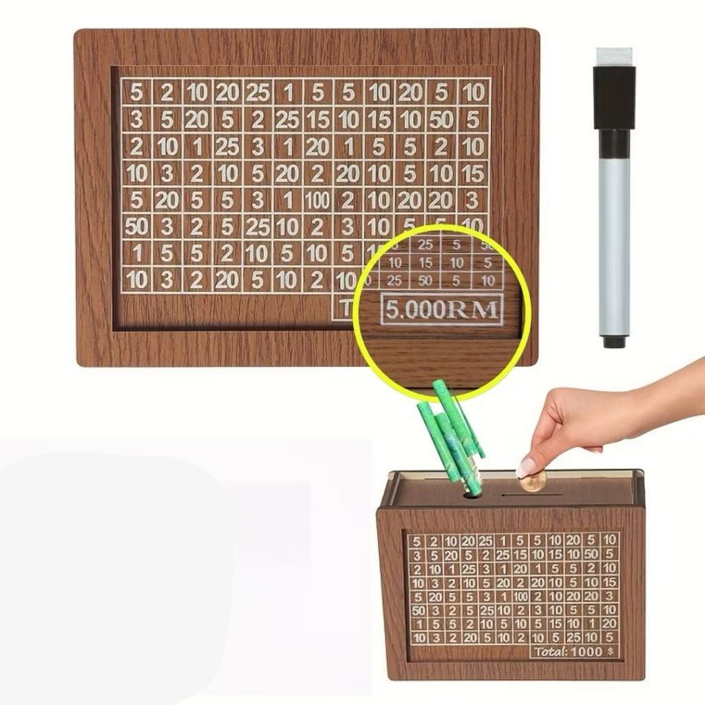 Wood Money Box with number on the box Tabung Duit Saving Planner Money ...