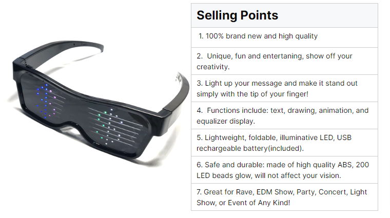 Customizable Magic LED Glasses Bluetooth Cermin Mata LED Text Patterns ...