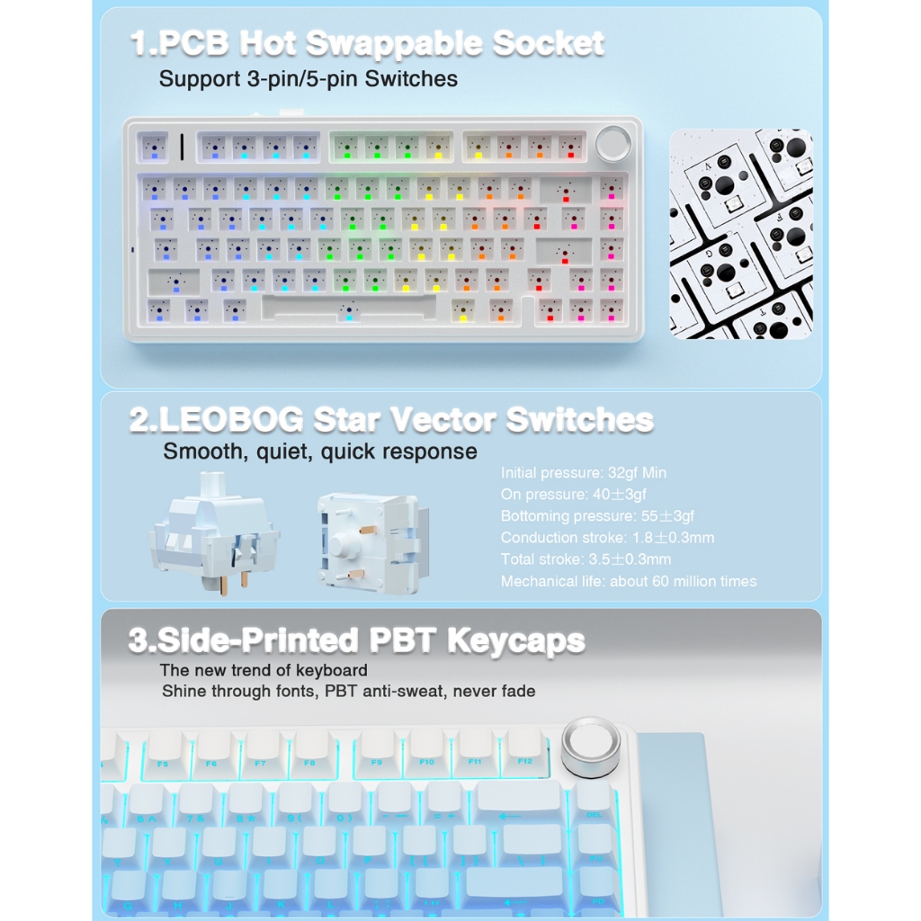 AULA F75 3IN1 GASKET MECHANICAL KEYBOARD GLACIER BLUE REAPER SWITCH ...