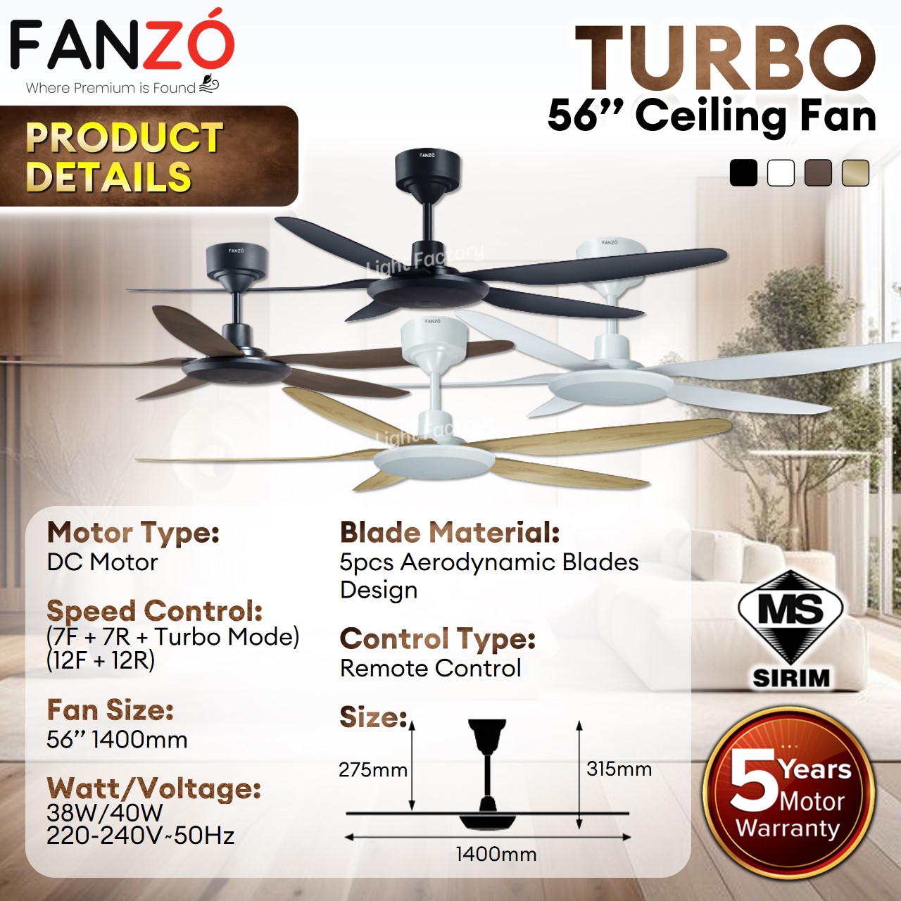 🔥SIRIM🔥FANZÓ TURBO BABY 42" 56" 5 Blades DC LED Ceiling Fan with Light ...