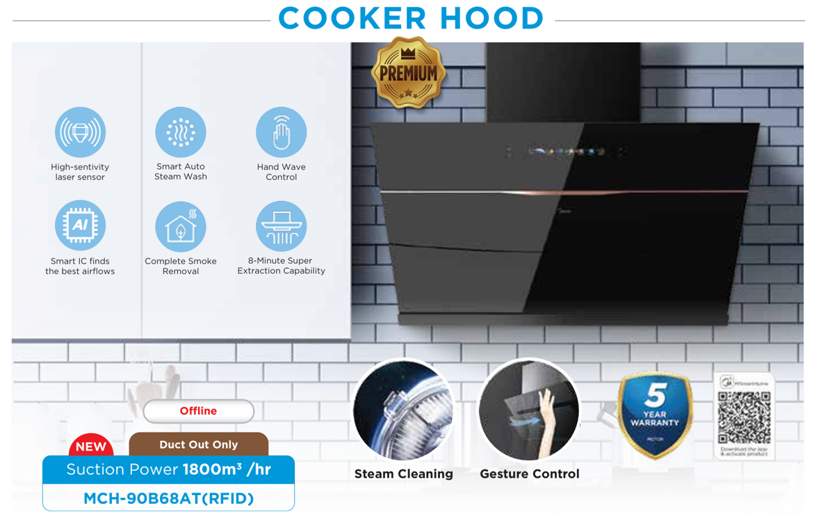 【FREE CAP + DUCTING HOSE】MIDEA 1800m3 /hr COOKER HOOD MCH-90B68AT(RFID) with Smart Auto Steam ...