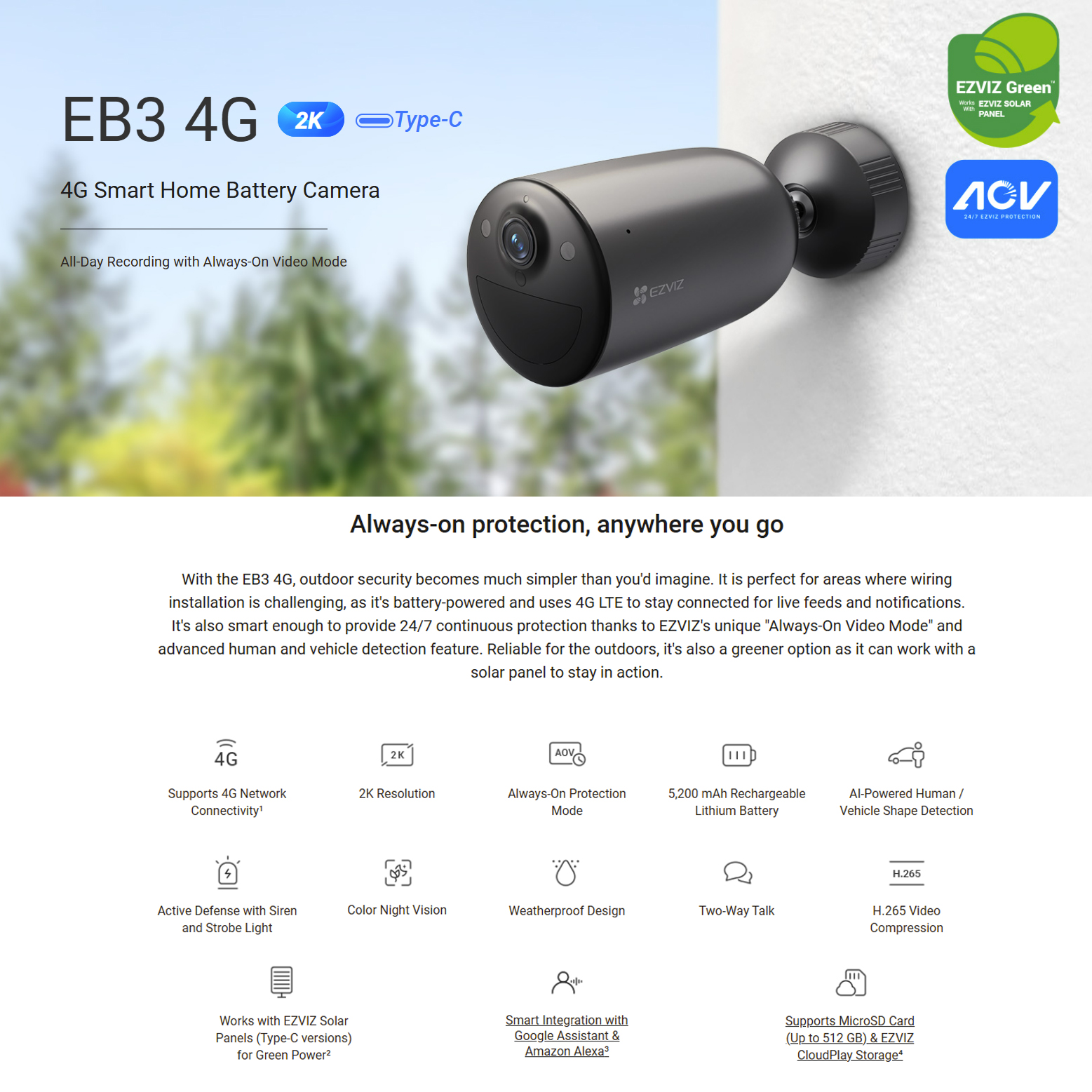 EZVIZ EB3 4G kit 3MP 1296P Battery-Powered,100% Wire-free, Wireless ...