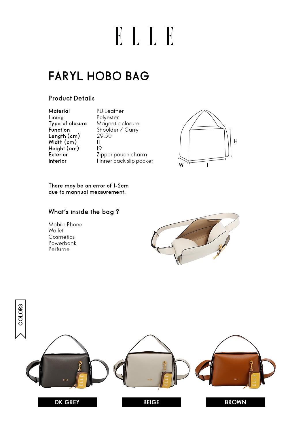 ELLE Faryl Hobo Bag (3 Colours: Beige, Dark Grey, Brown) | Shopee Malaysia