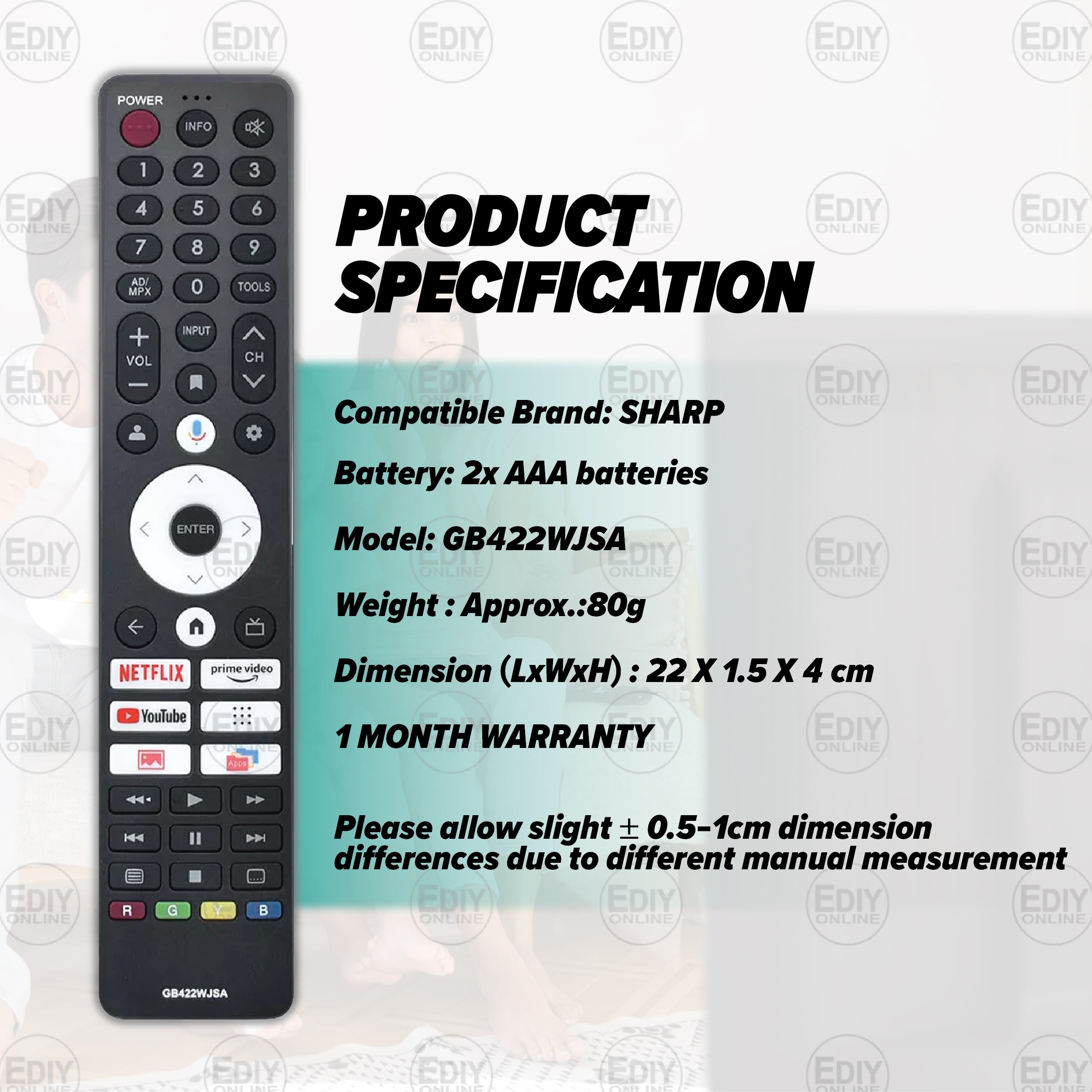 【𝐅𝐑𝐄𝐄 𝐁𝐀𝐓𝐓𝐄𝐑𝐘 𝐀𝐀𝐀𝐗𝟐】Replacement Remote For SHARP GB422WJSA Aquos ...