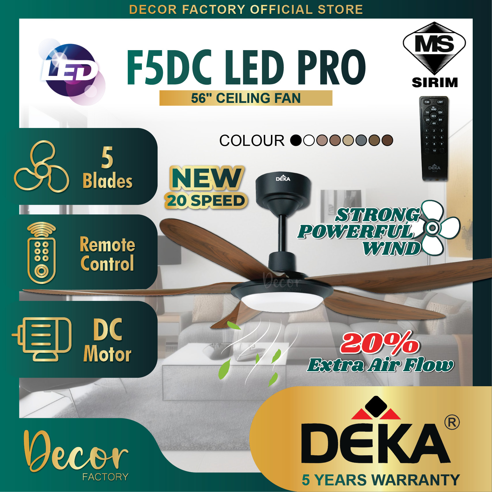 DEKA Fan DEKA F5DC LED PRO 56" Fan 5 Blade 10 Speed DC Motor Remote ...
