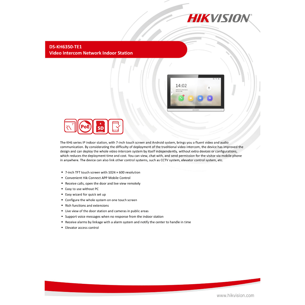 Hikvision DS-KH6350-TE1 Hikvision KH6 Series IP-Based Indoor Station - Hikvision Door Access ...