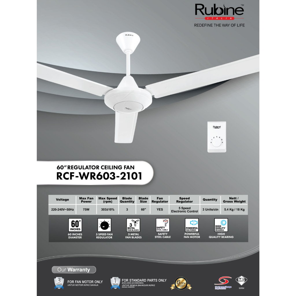 RUBINE Kipas Siling Ceiling Fan RCF WR603-2101 White / Black 60" 3 Blades Metal Blade 5 Speeds ...