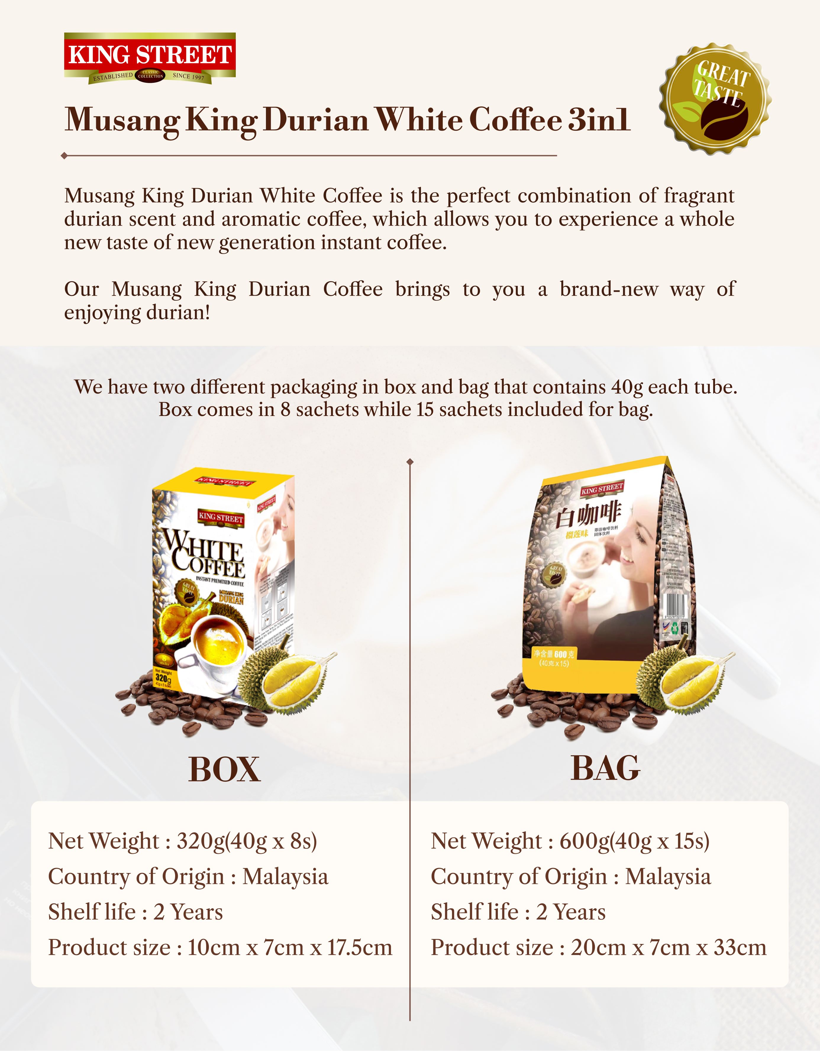 KING STREET Musang King Durian Kopi Putih 3in1 (15paket x 40g) Musang ...