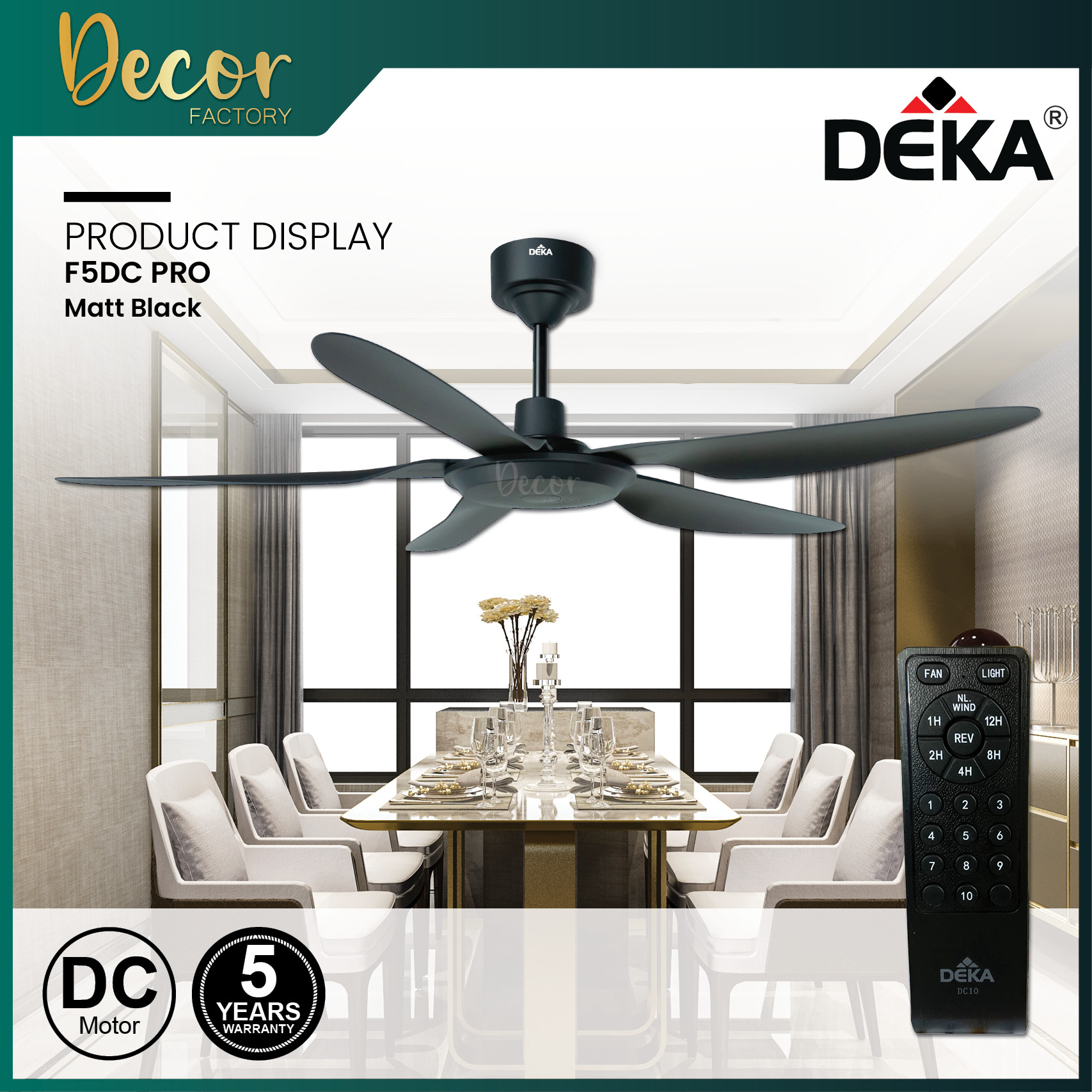DEKA Fan DEKA F5DC PRO 56 Inch 5 Blades 20 Speed Forward + Reverse DC ...