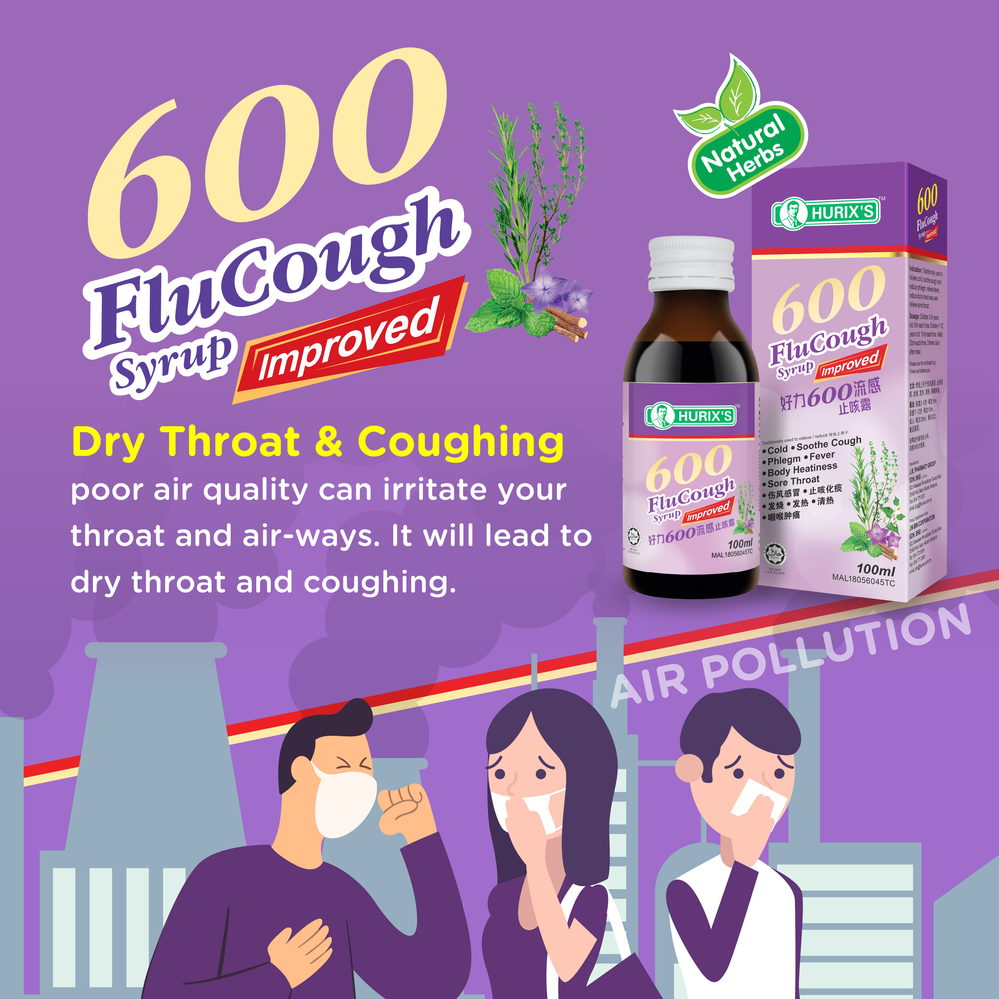 HURIX'S 600 FluCough Syrup Improved - utk Selesema dan Batuk | Shopee ...