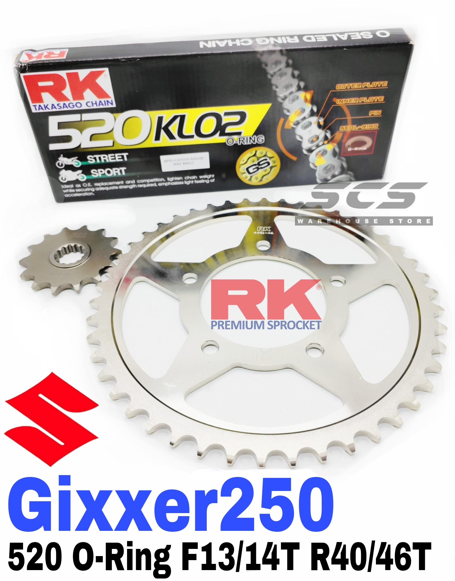 RK Sprocket Set Suzuki GIXXER 250 RK KLO2 O-Ring Rivet Black Gold Chain ...