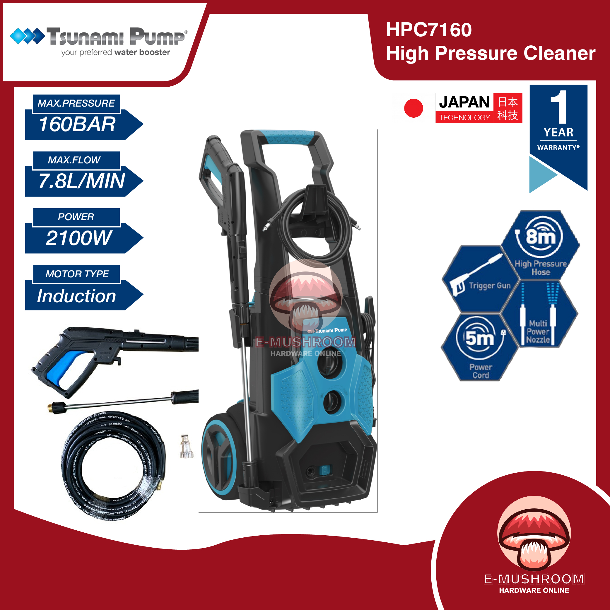 Tsunami HPC7160 High Pressure Cleaner Car Wash Machine 2100W Waterjet ...