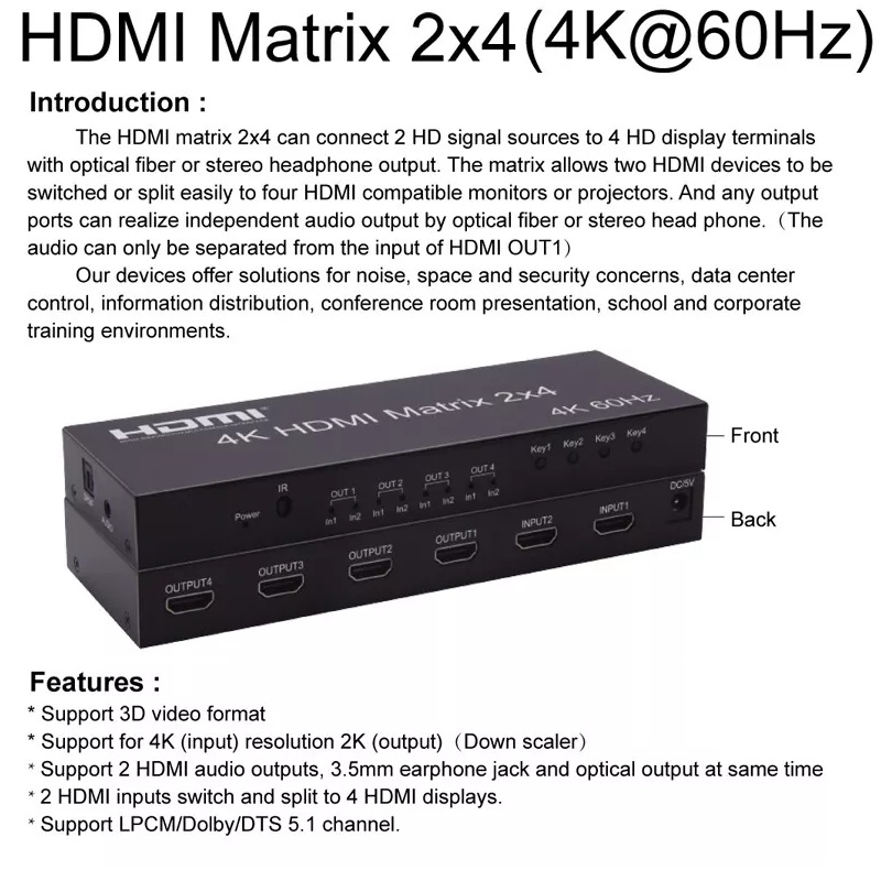 4K 60Hz HDMI Matrix 2x4 Switch Splitter Laptop PC To TV Monitor Video ...