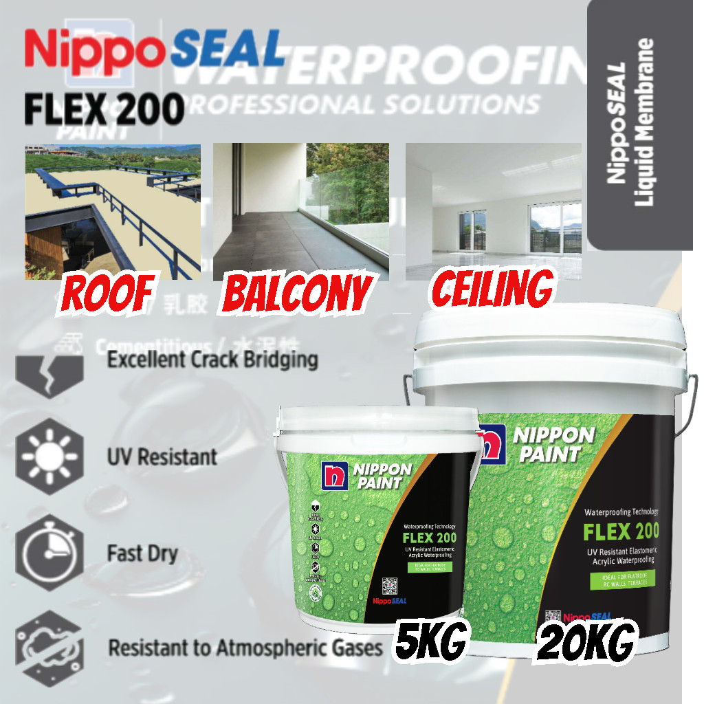 NIPPON PAINT Flex 200 Arcylic Waterproofing 20KG (White & Grey) Roof & Wall Waterproof Paint ...