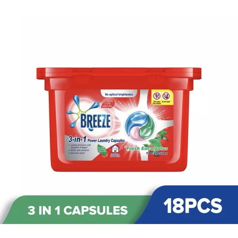 BREEZE 3 IN 1 POWER LAUNDRY CAPSULES FRESH EUCALYPTUS (18 CAPSULES ...